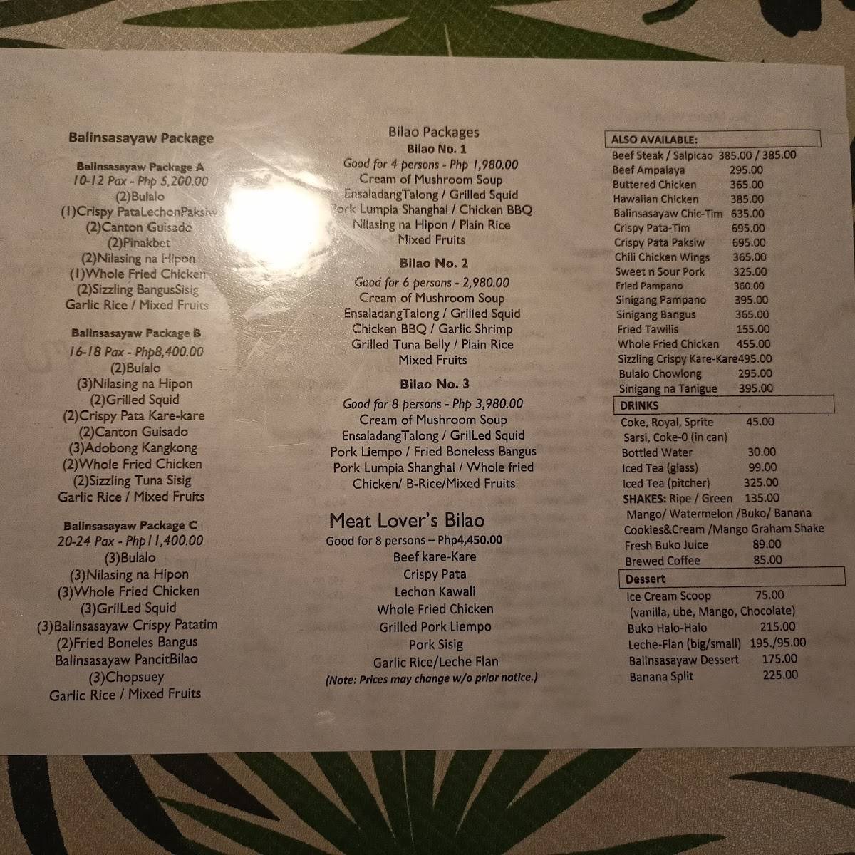 Menu at Balinsasayaw restaurant, Silang, KM44 Emilio Aguinaldo Hwy