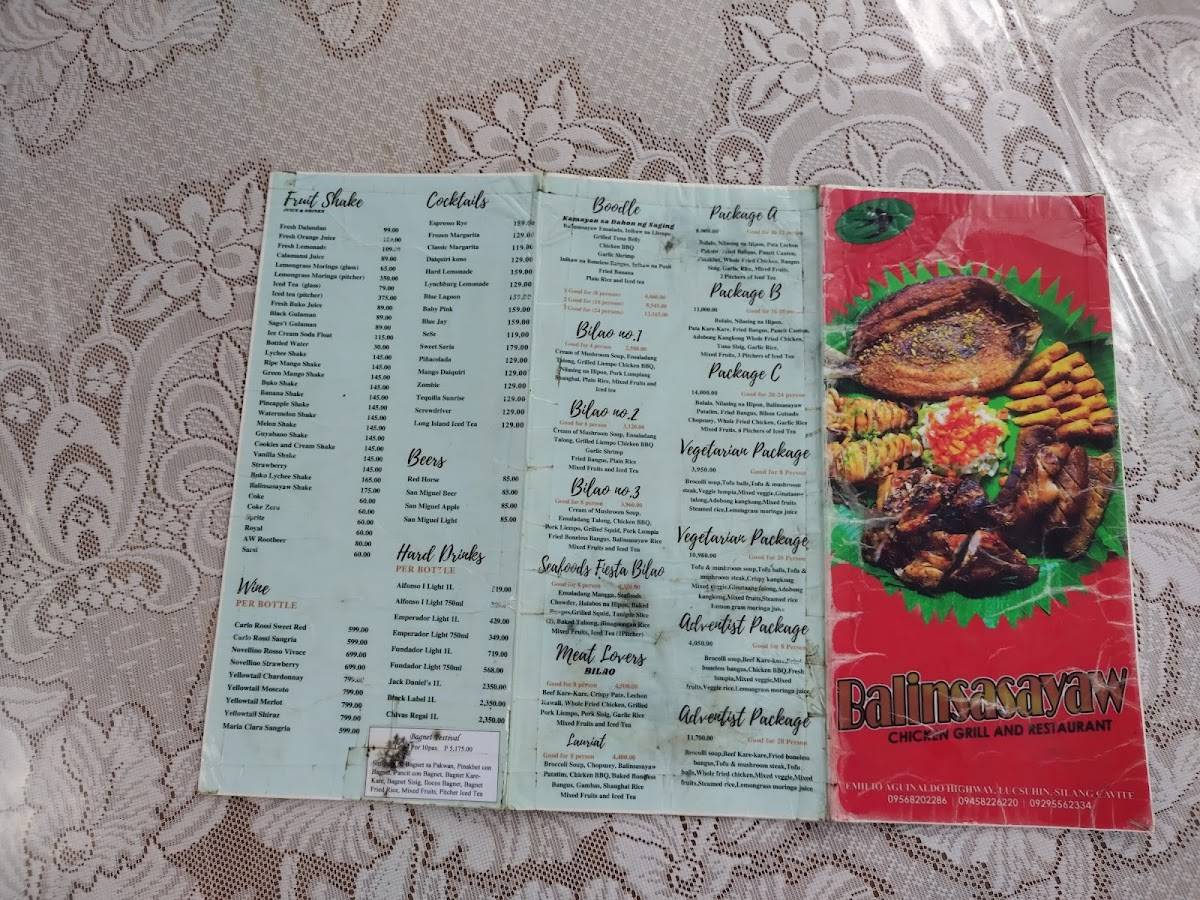 Menu at Balinsasayaw restaurant, Silang, KM44 Emilio Aguinaldo Hwy