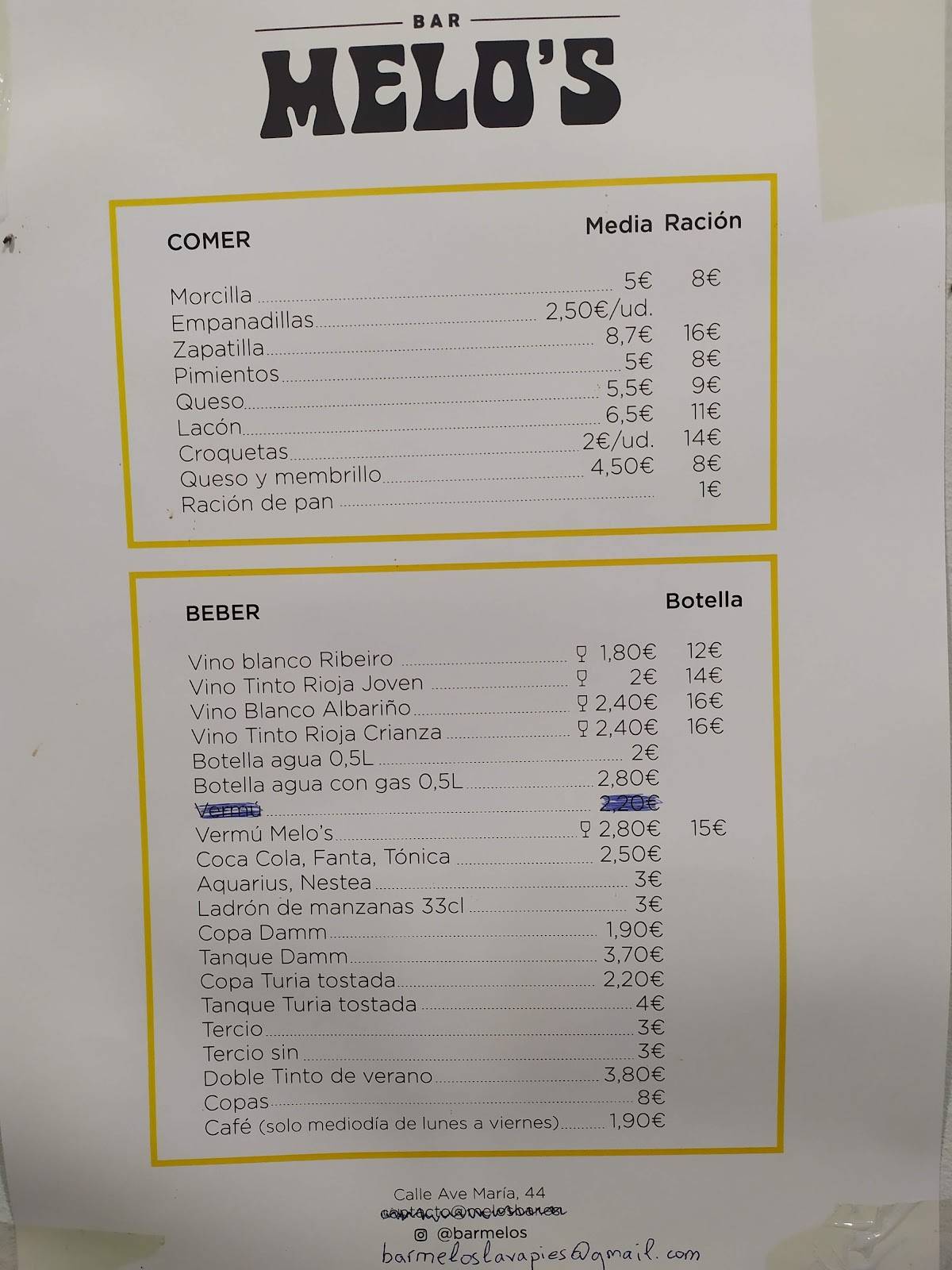 Carta del pub y bar Melo's, Madrid