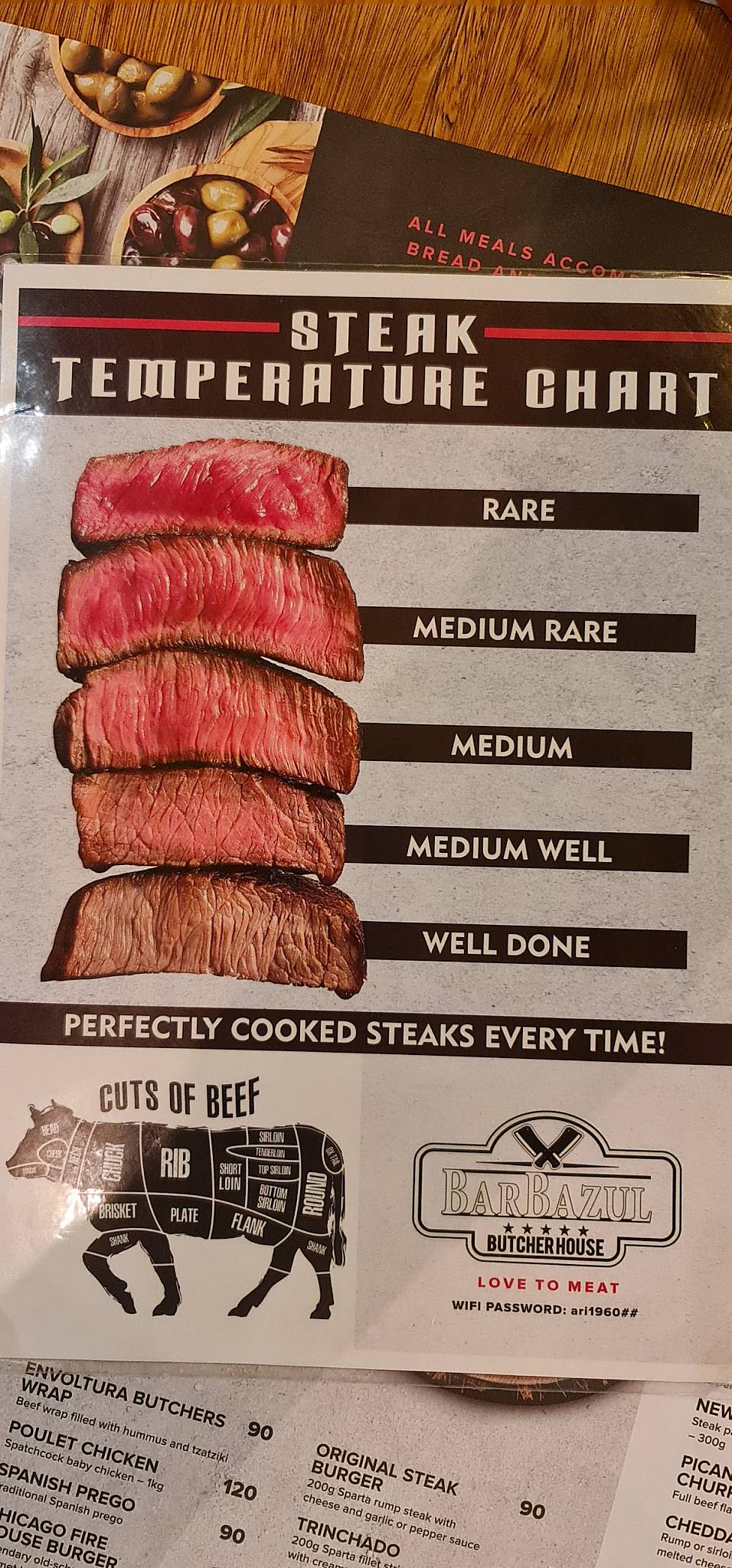 Menu at BarBazul, Welkom