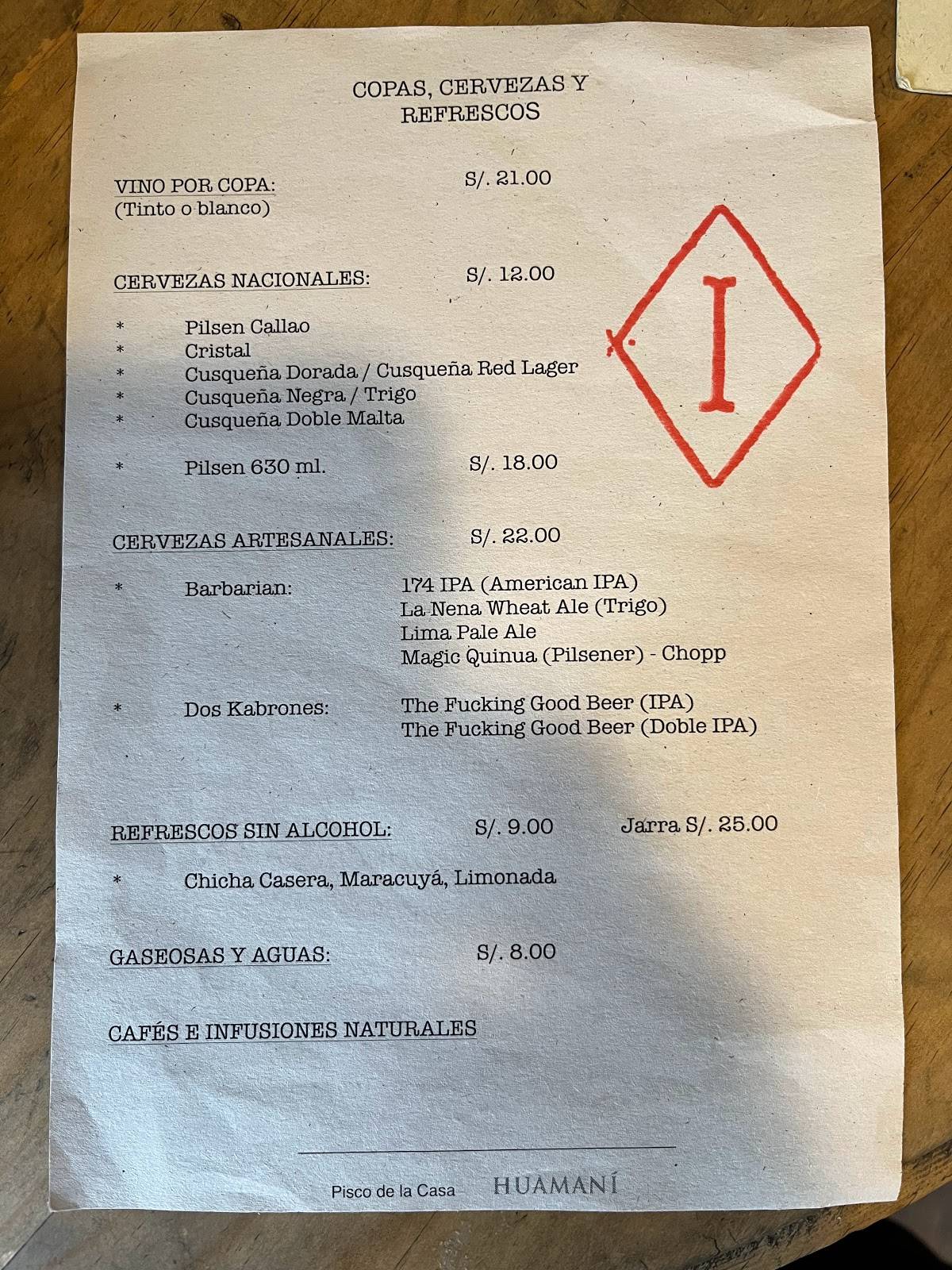 Carta del restaurante Isolina Taberna Peruana, Barranco