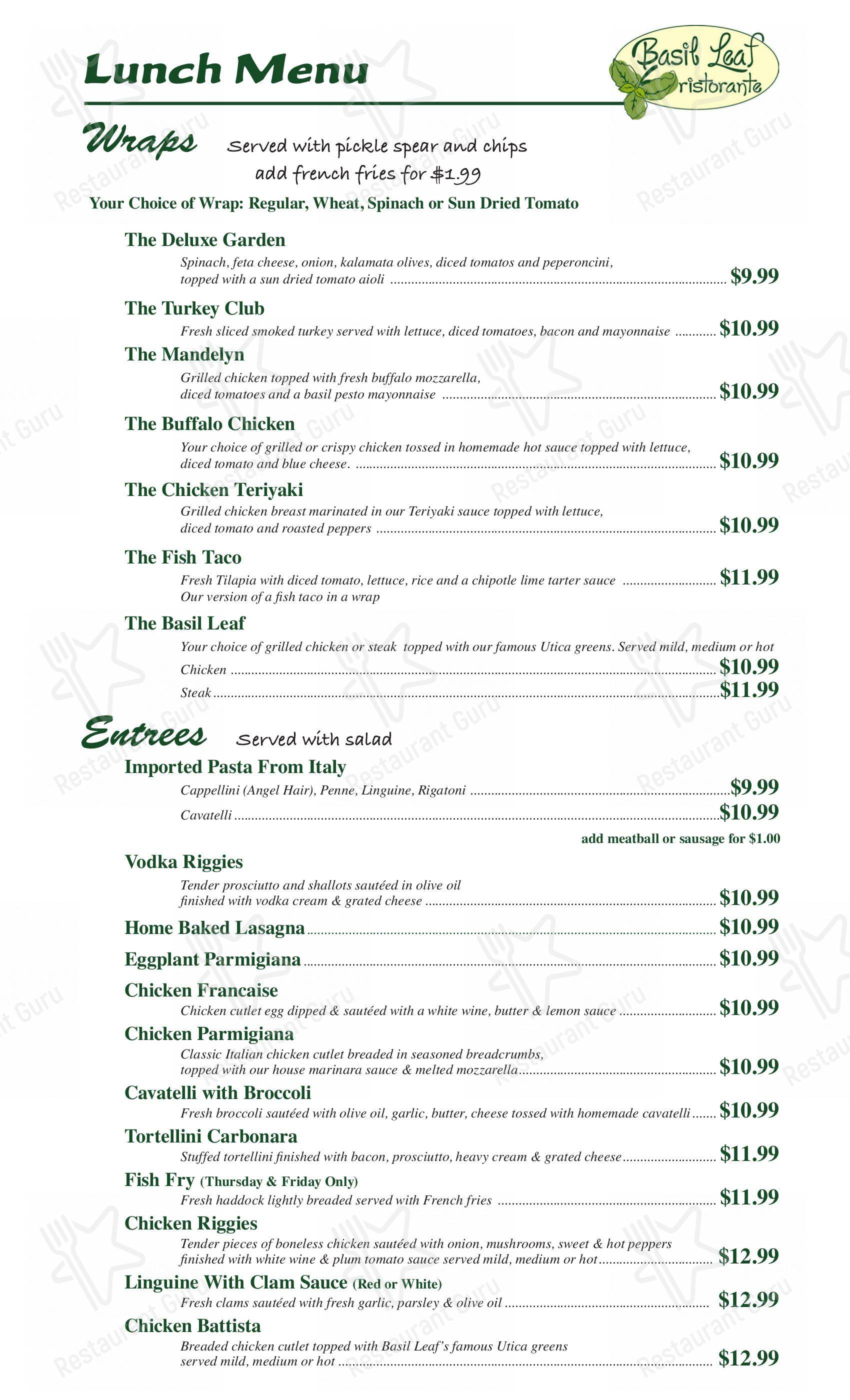 Menu at Basil Leaf restaurant, North Syracuse