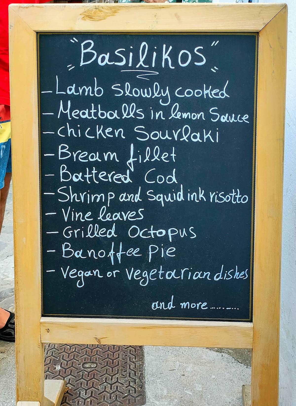 Menu at Basilikos, Skiathos, 5F7Q+65W