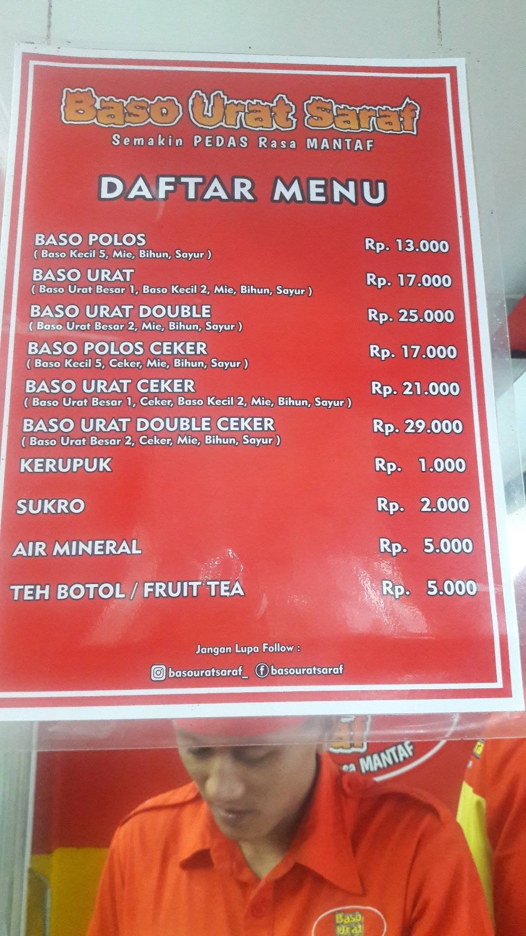 Carta del restaurante Baso Urat Saraf Indrayasa, Bandung
