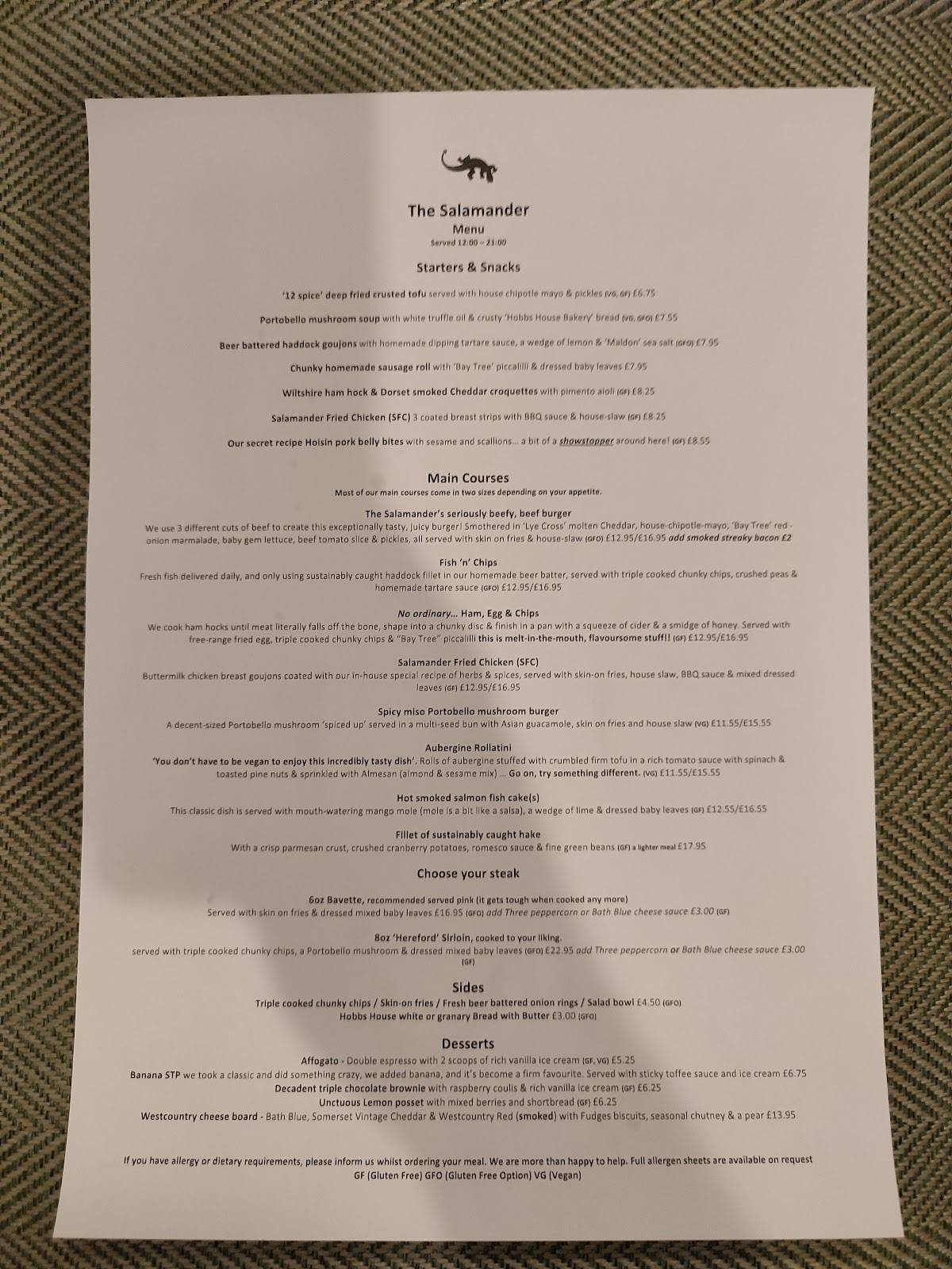 Menu at The Salamander - A Great British Pub., Bath