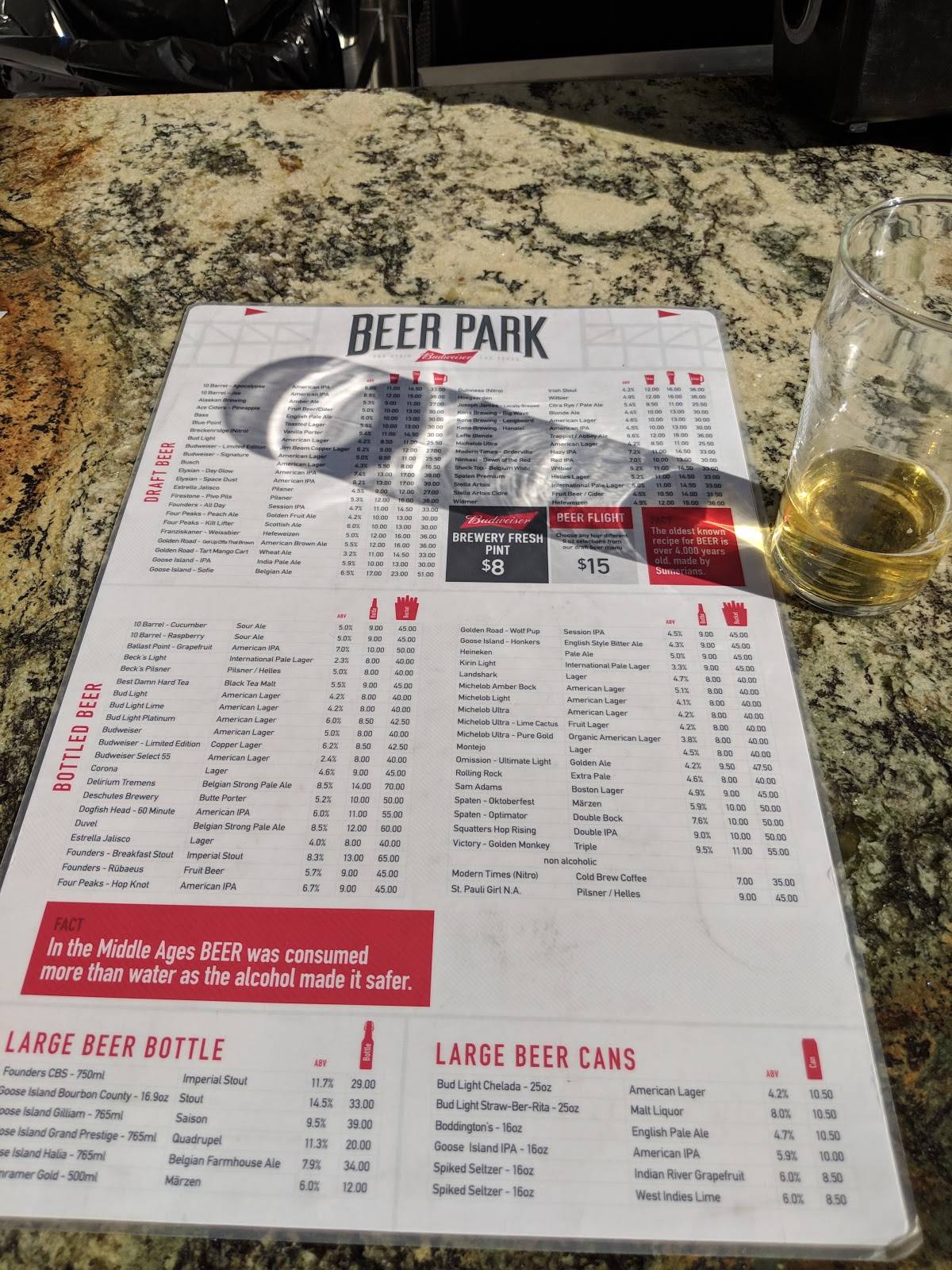 Menu at Beer Park pub & bar, Las Vegas, S Las Vegas Blvd