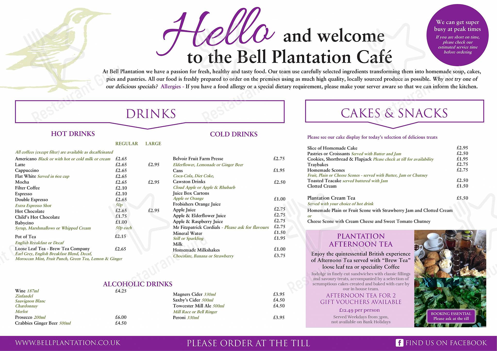 Menu at Bell Plantation Café cafe, Towcester