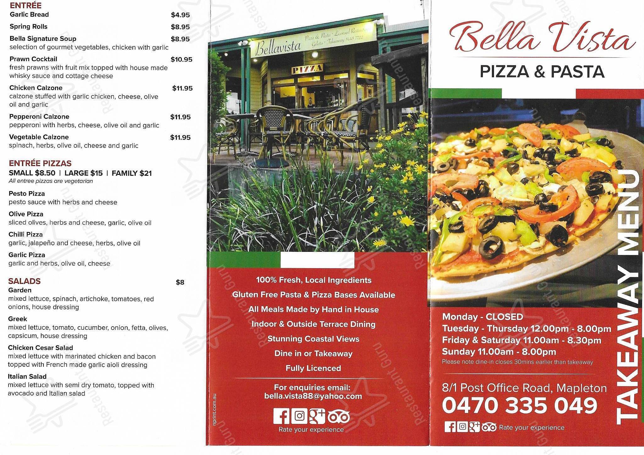 Menu at Bella Vista Pizza & Pasta pizzeria, Mapleton