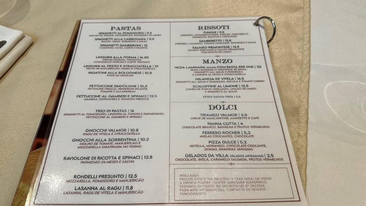 Menu em Bellalisa Valmor restaurante, Lisboa