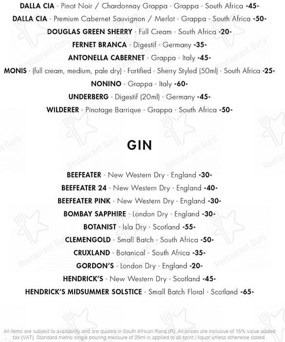 Menu at Beluga Cape Town restaurant, Cape Town