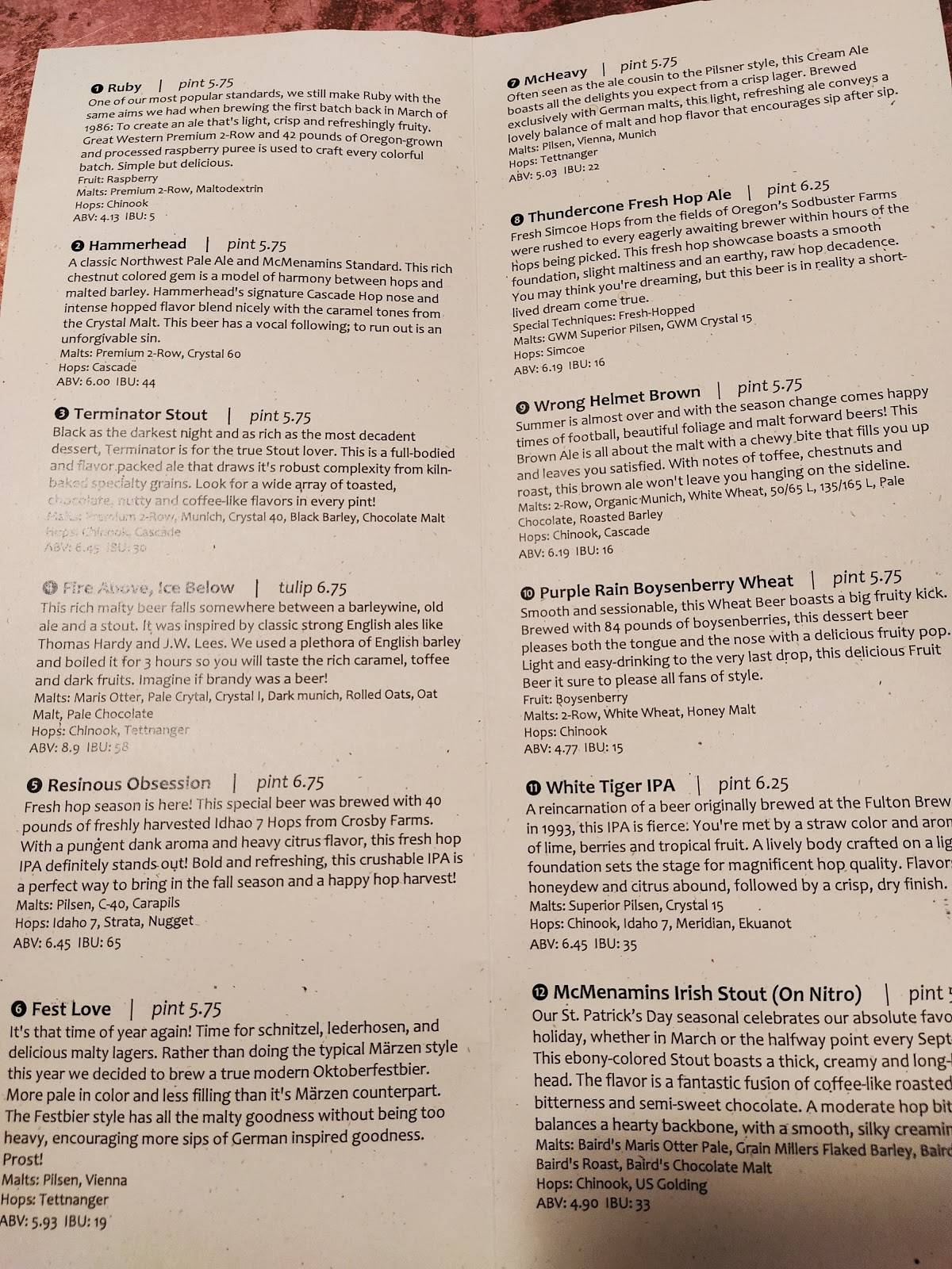 Menu at McMenamins Pub at Old St. Francis School, Bend