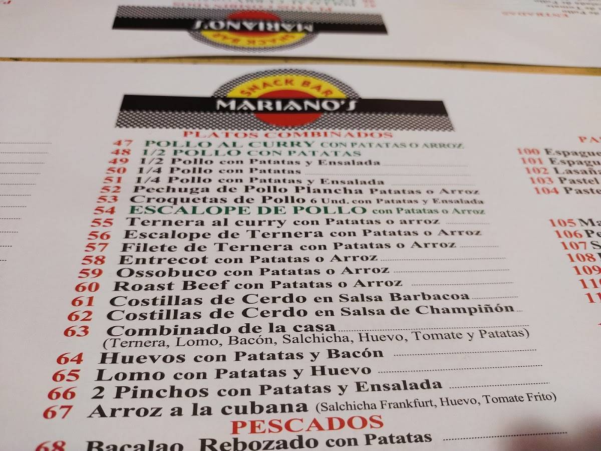 Menu at Bar Mariano's, Benidorm, C. Gerona