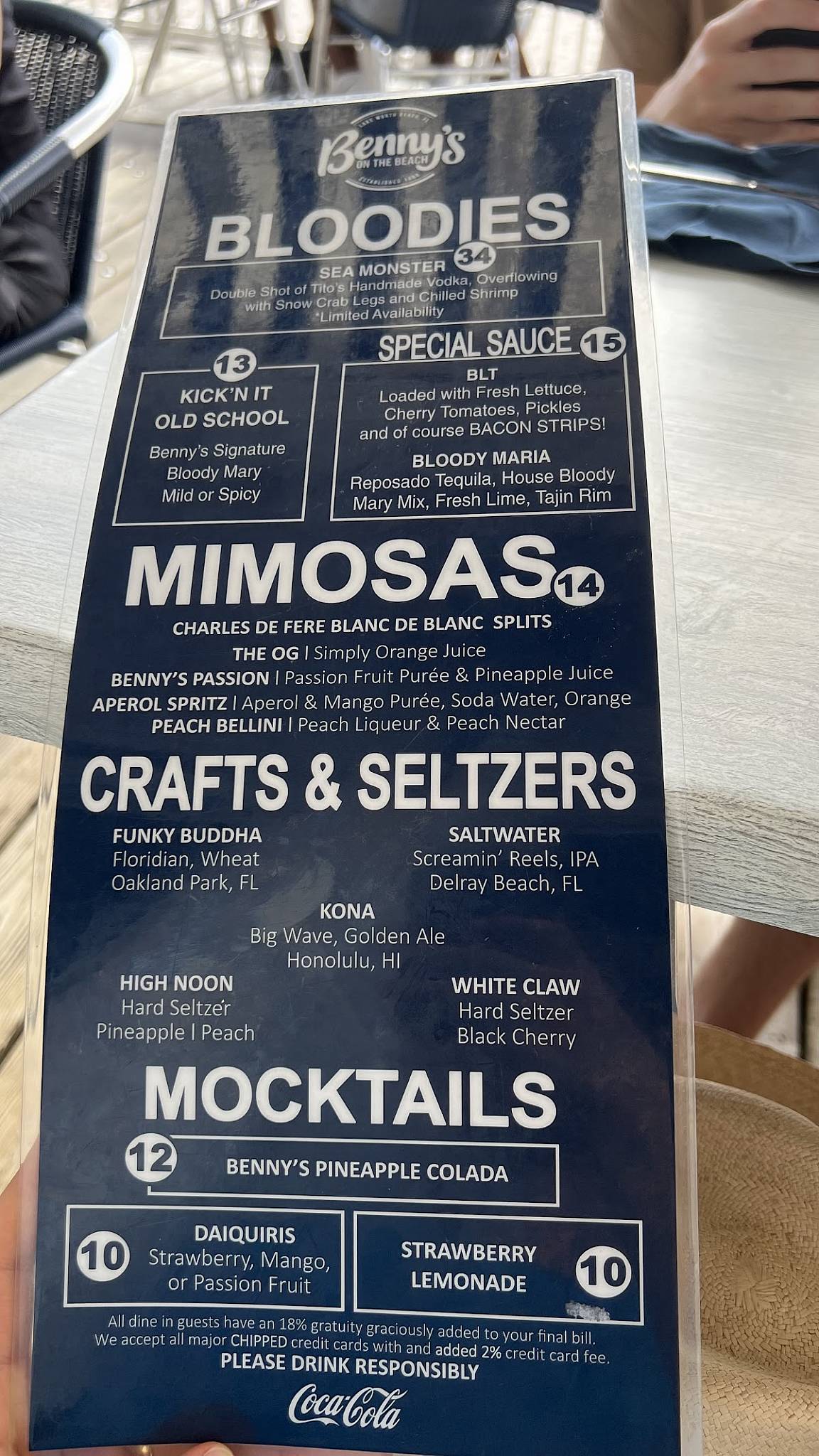 Menu at Benny's On The Beach - Pier pub & bar, Lake Worth