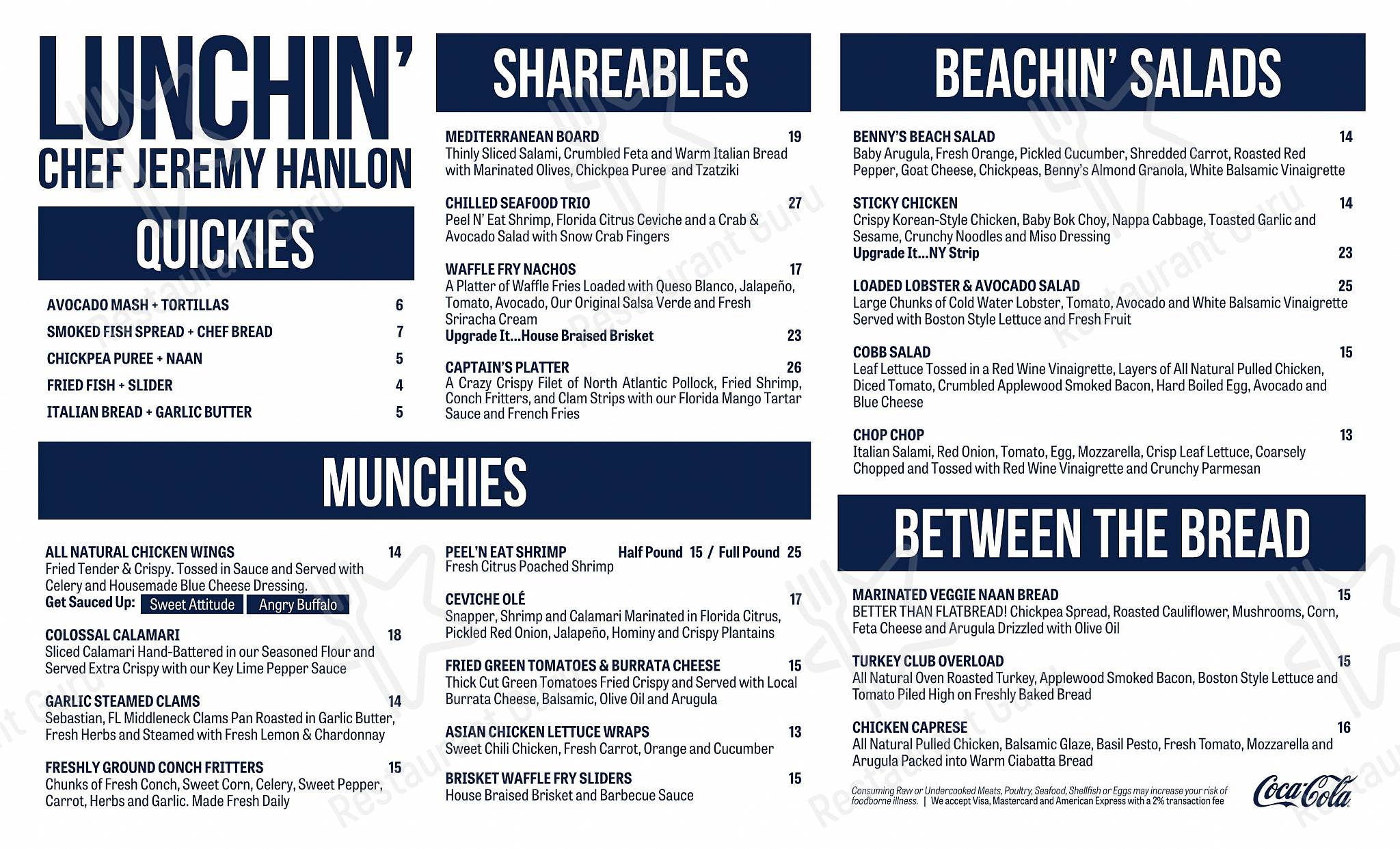 Menu at Benny's On The Beach - Pier pub & bar, Lake Worth
