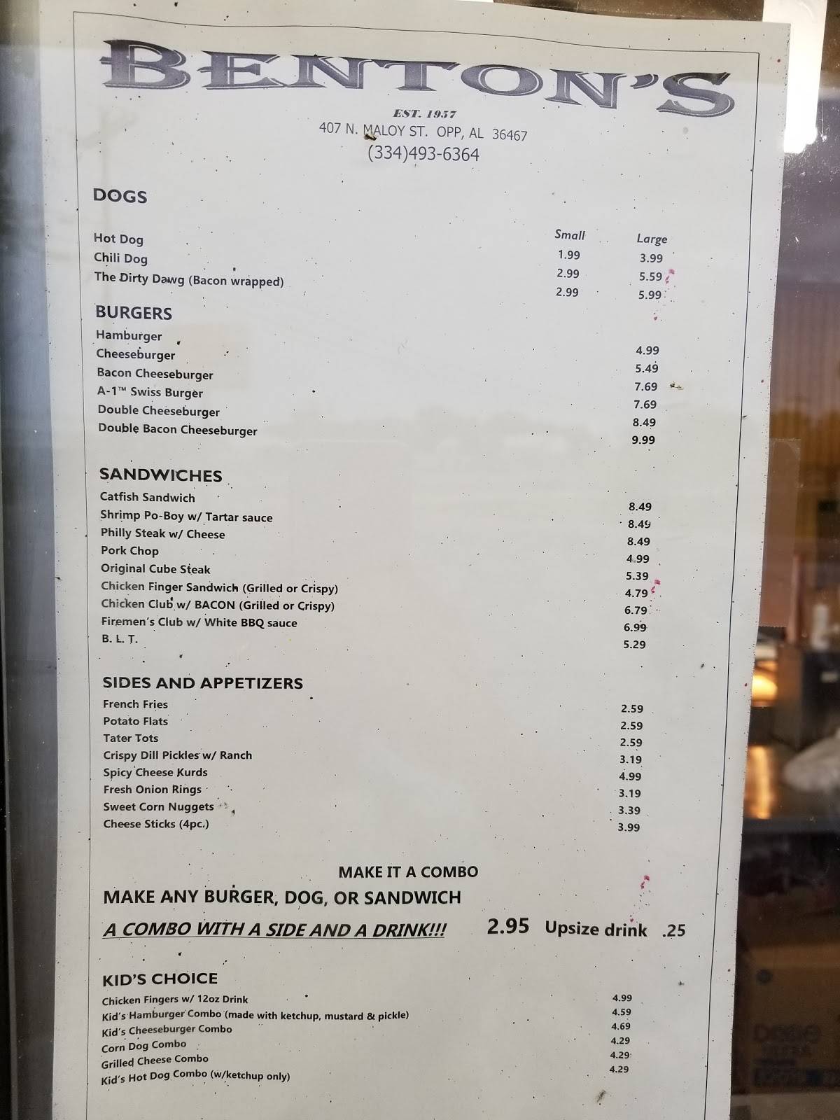 Menu at Benton's restaurant, Opp
