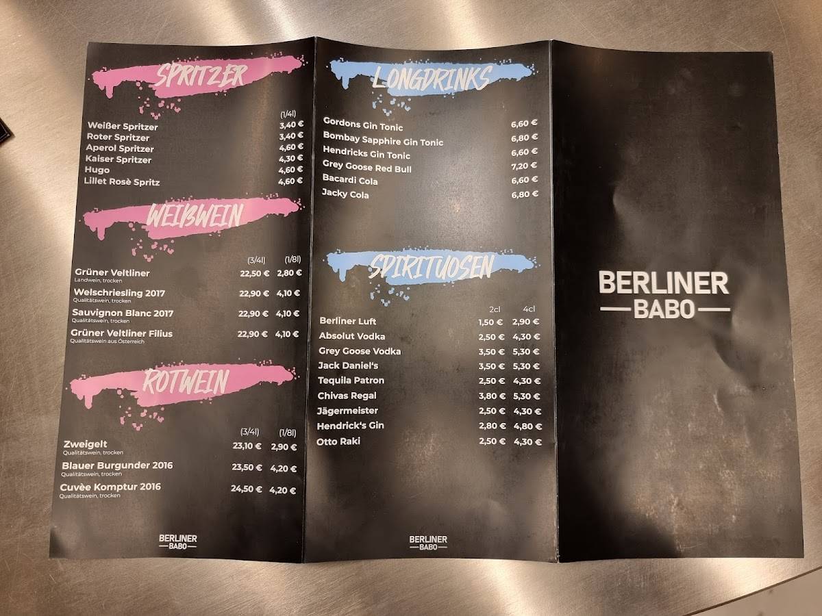 Menu au Berliner Babo Mariahilfer Straße restaurant, Vienne