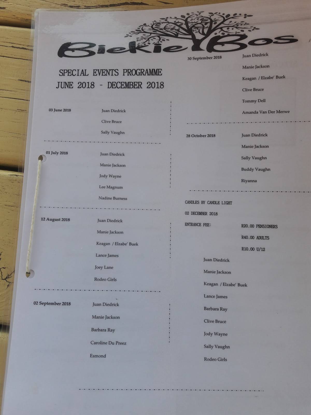 Menu at Biekie Bos restaurant, Meyerton
