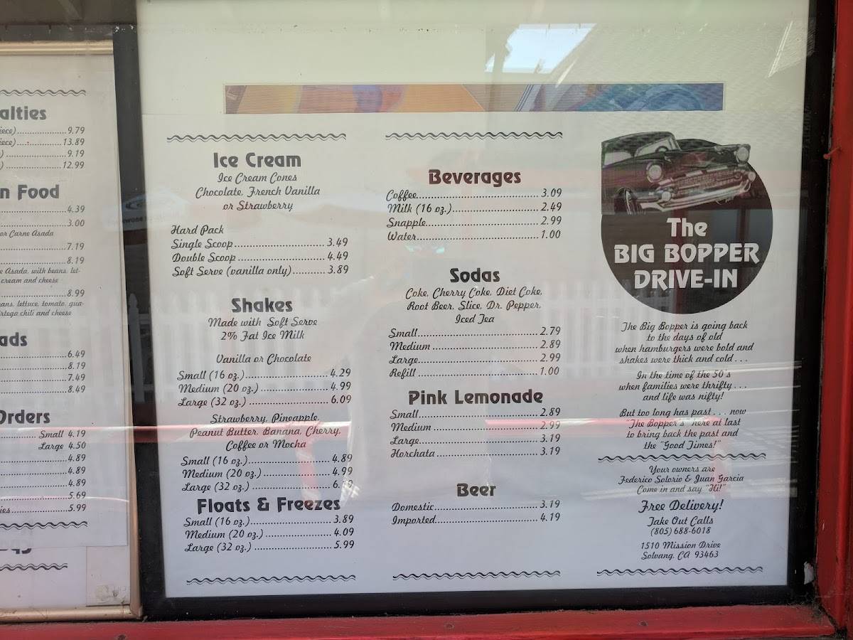 Menu at Big Bopper Drive-in restaurant, Solvang