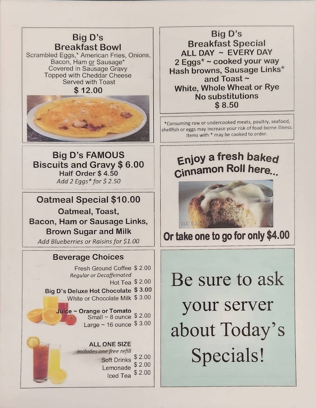 Menu at Big D’s Diner restaurant, Pickford