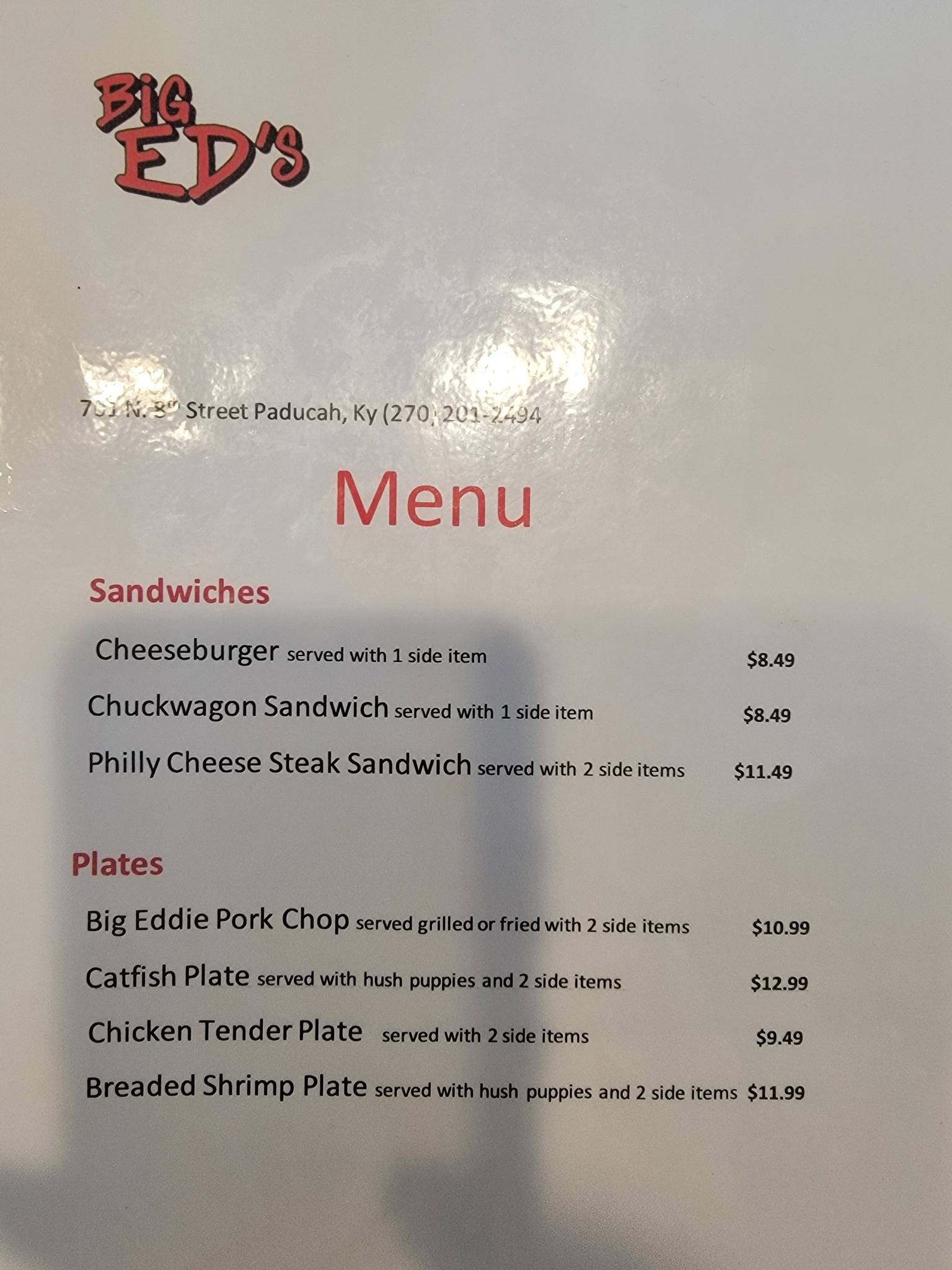Menu at Big Ed's BBQ, Paducah, 701 N 8th St