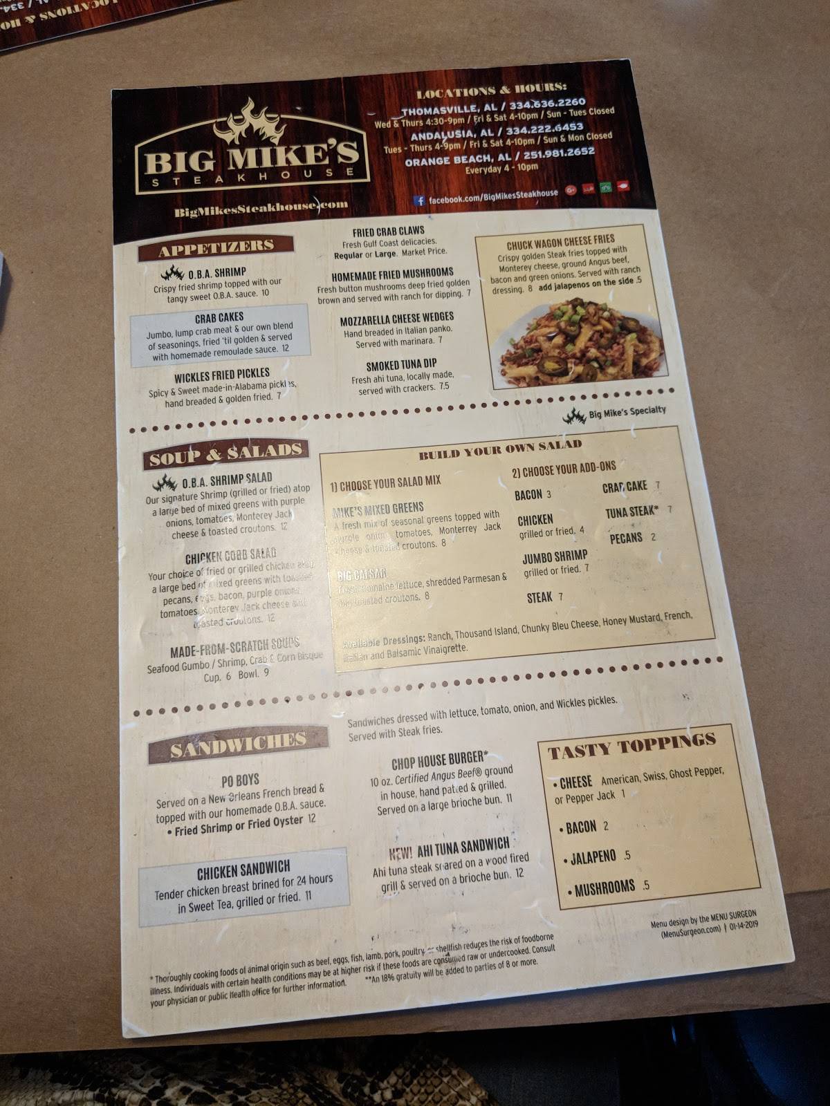 Menu at Big Mike's Steakhouse - Orange Beach, Orange Beach