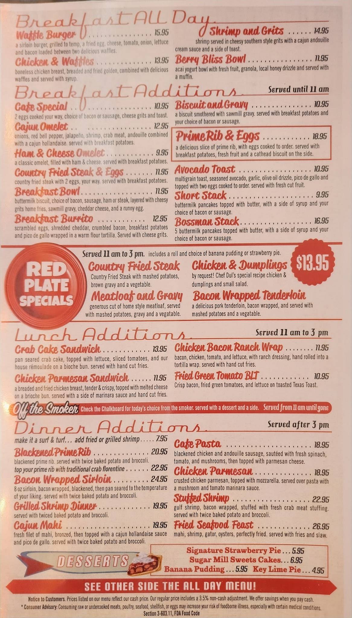 Menu at Big Red Cafe, Destin, US-98