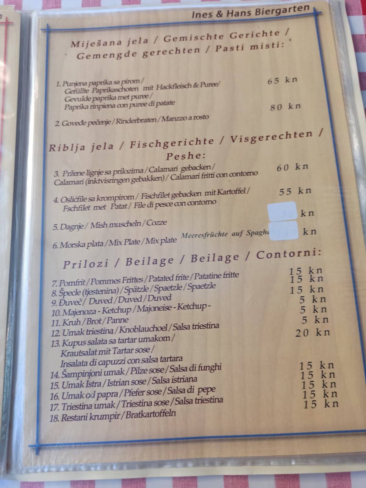 Menu at Ines & Hans Biergarten restaurant, Tar