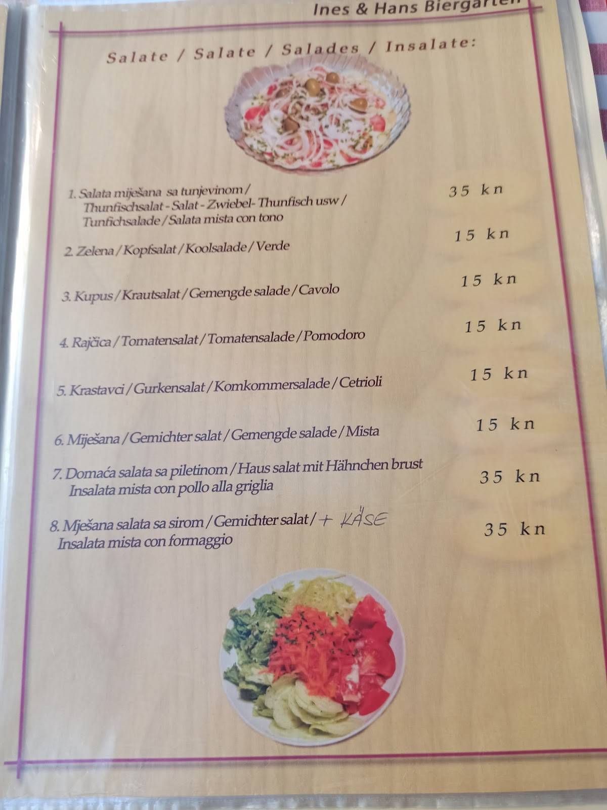 Menu at Ines & Hans Biergarten restaurant, Tar