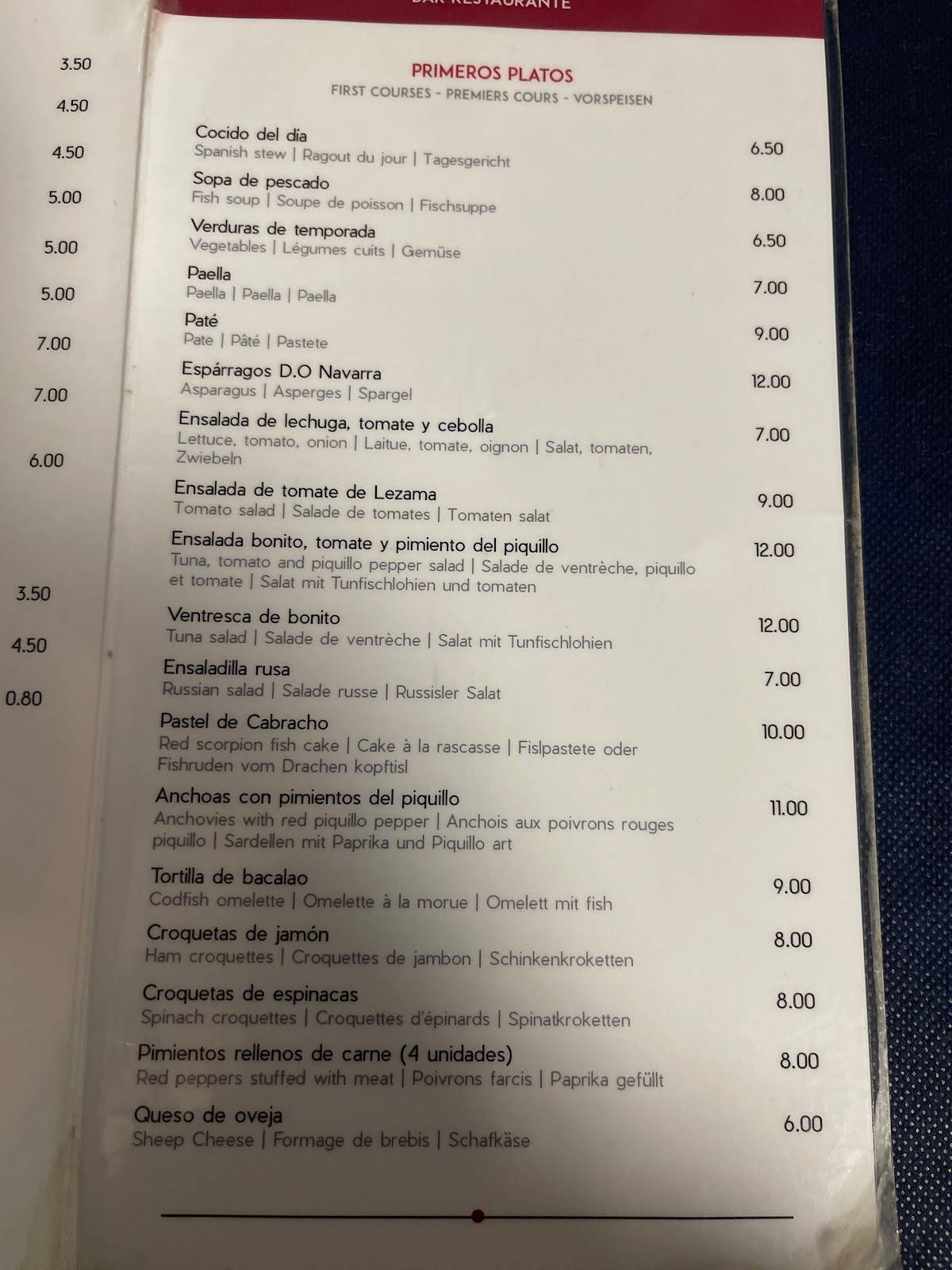 Menu at Rio-Oja Restaurant, Bilbao