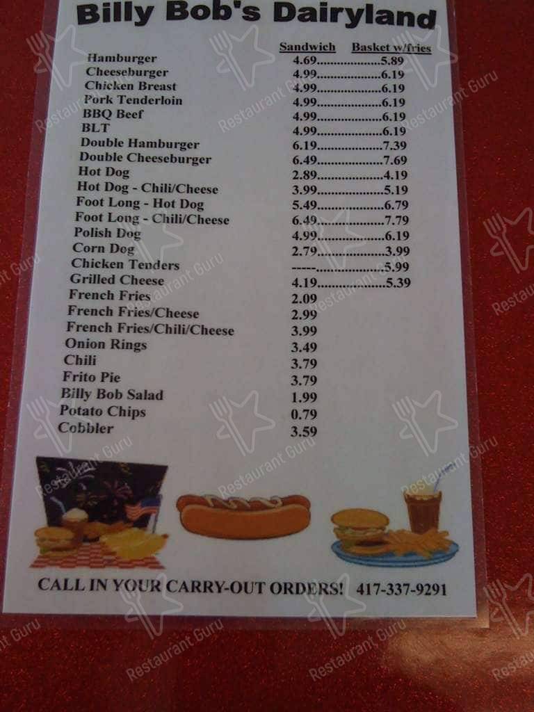 Menu at Billy Bob's Dairy Land restaurant, Branson, W 76 Country Blvd
