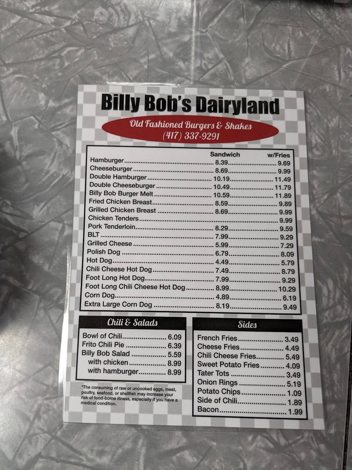 Menu at Billy Bob's Dairy Land restaurant, Branson, W 76 Country Blvd