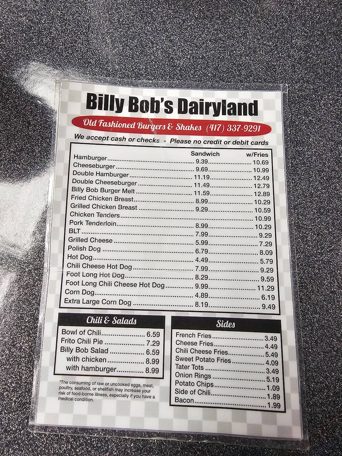 Menu at Billy Bob's Dairy Land restaurant, Branson, W 76 Country Blvd