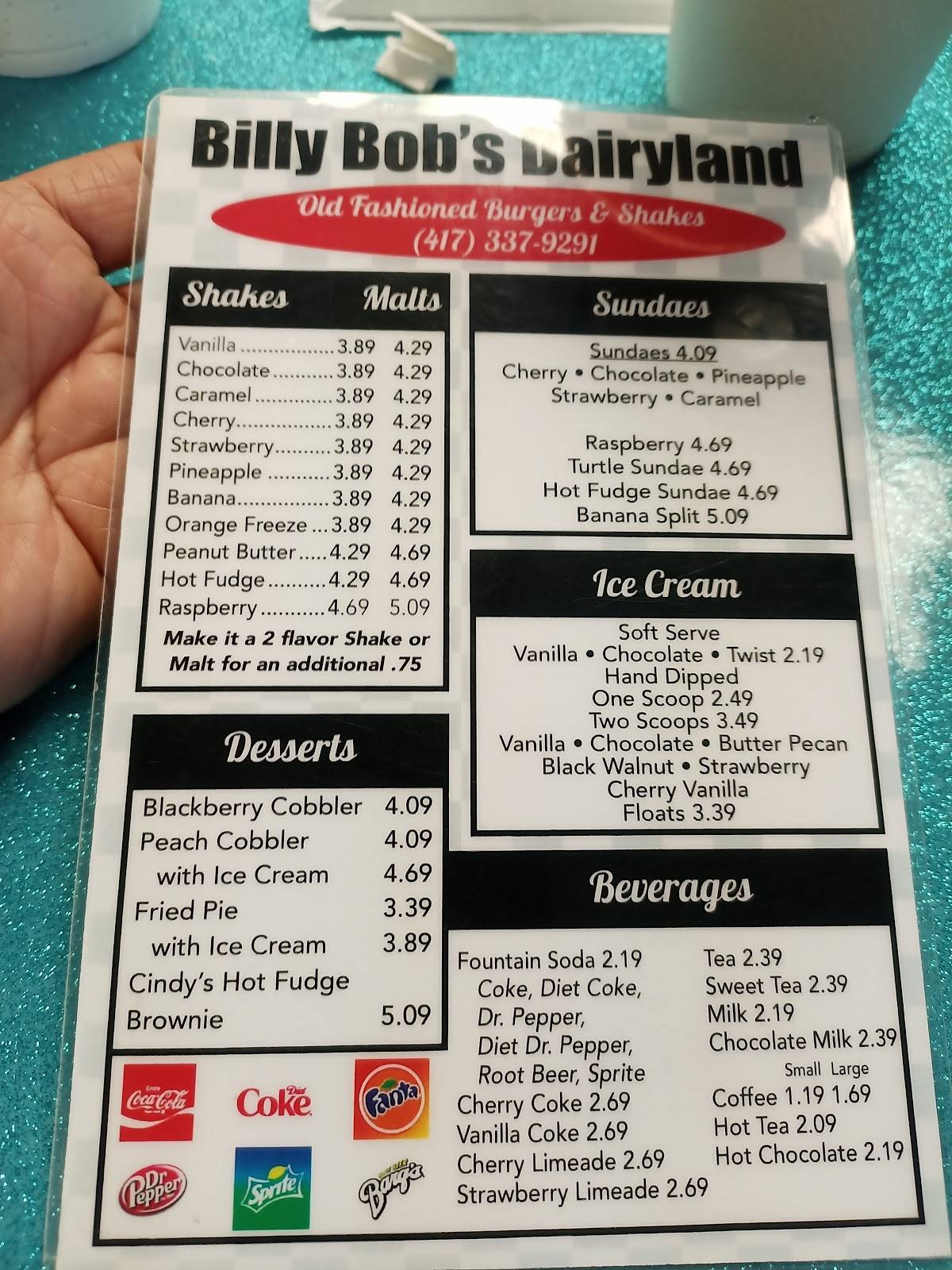 Menu at Billy Bob's Dairy Land restaurant, Branson, W 76 Country Blvd