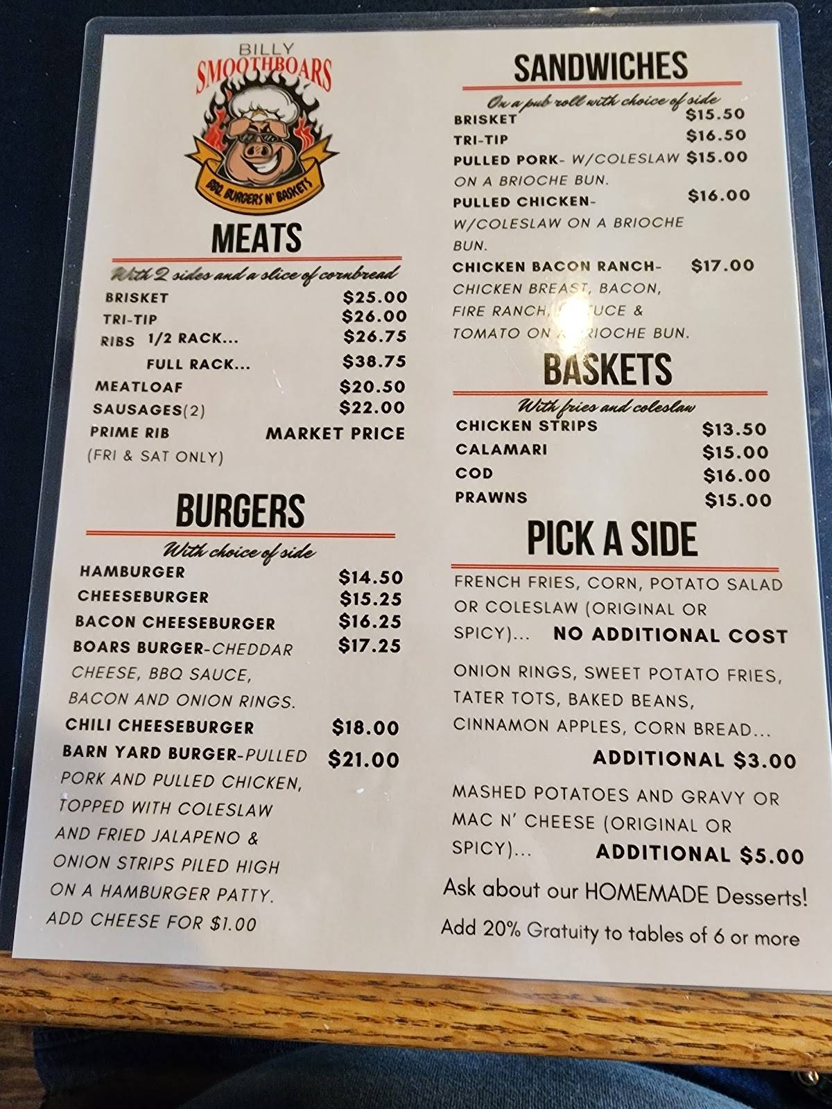 Menu at Billy Smoothboars BBQ, Bandon