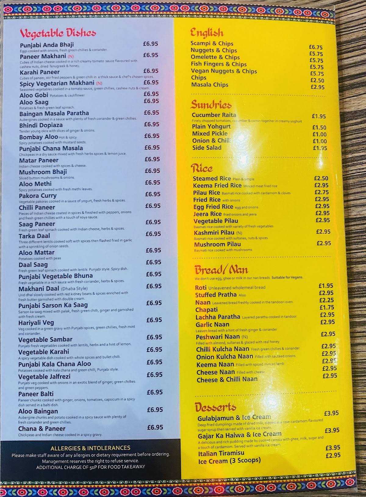 Menu at Punjabi Dhaba restaurant, Birmingham, 124 Billesley Ln