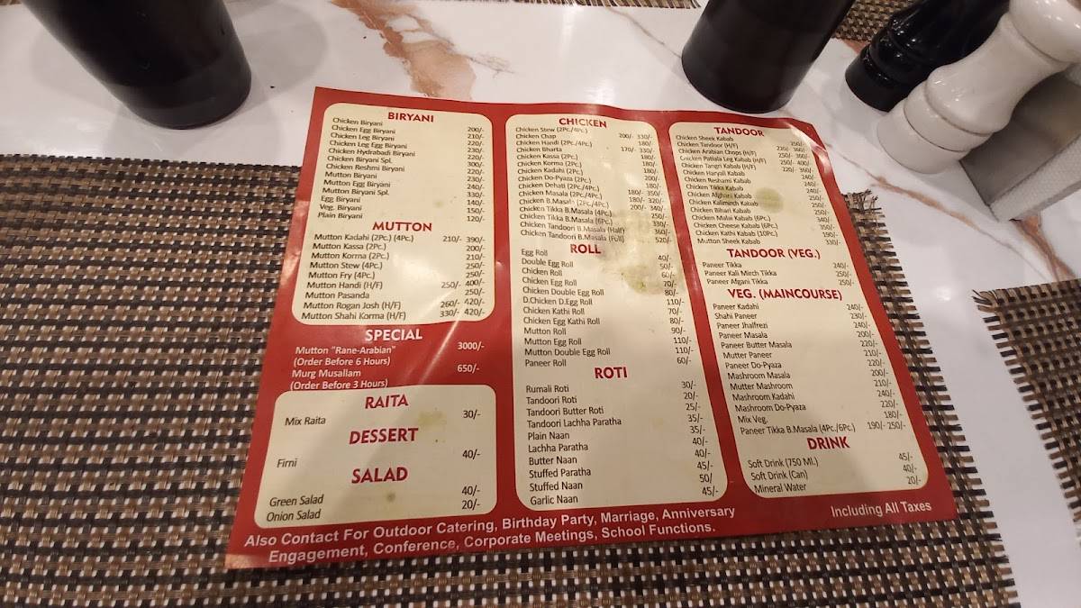 Menu at Biryani Mahal, Bihar Sharif
