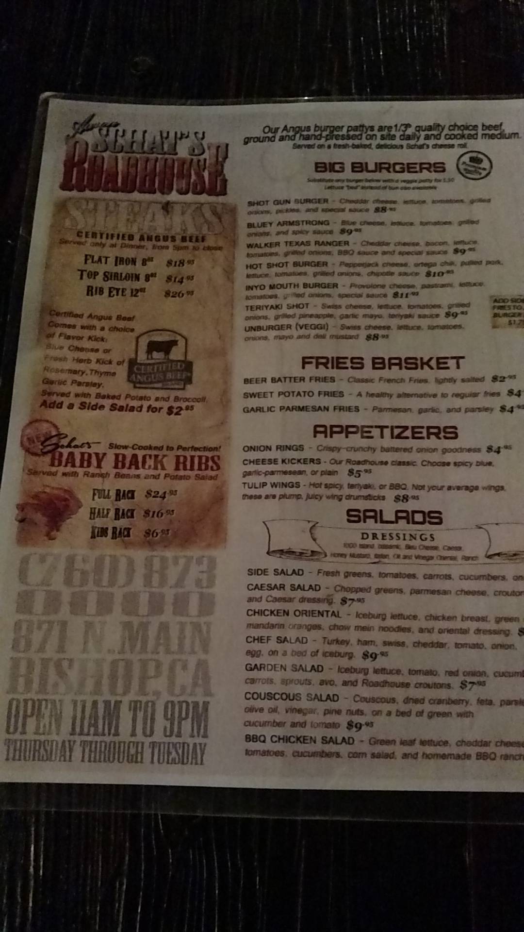 Menu at Aaron Schat's Roadhouse restaurant, Bishop