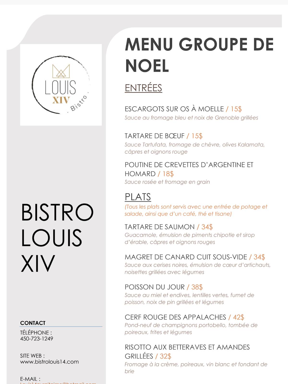 Menu au Bistro Louis XIV restaurant, Saint-Bruno-de-Montarville