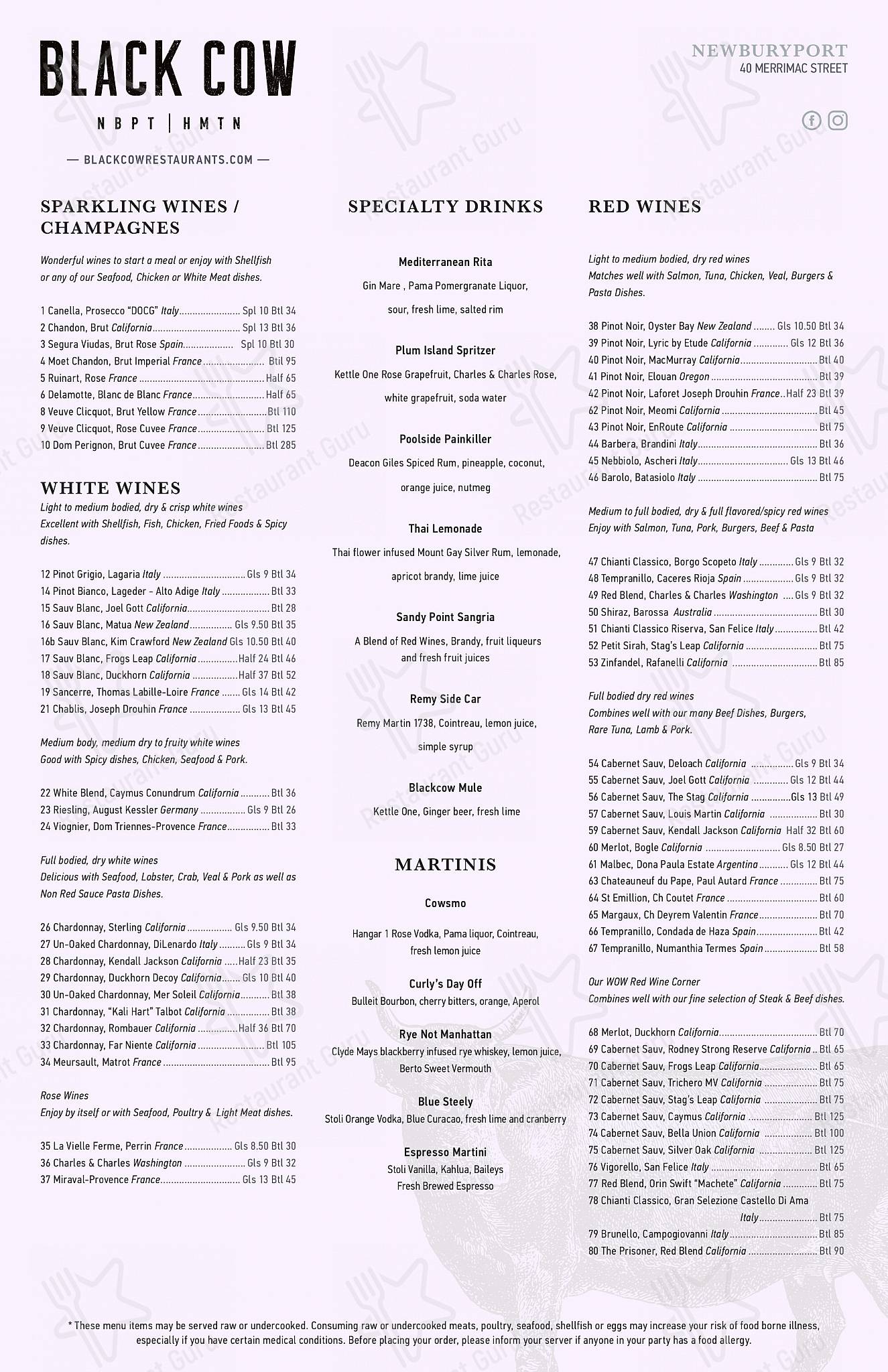 Menu at Black Cow restaurant, Newburyport