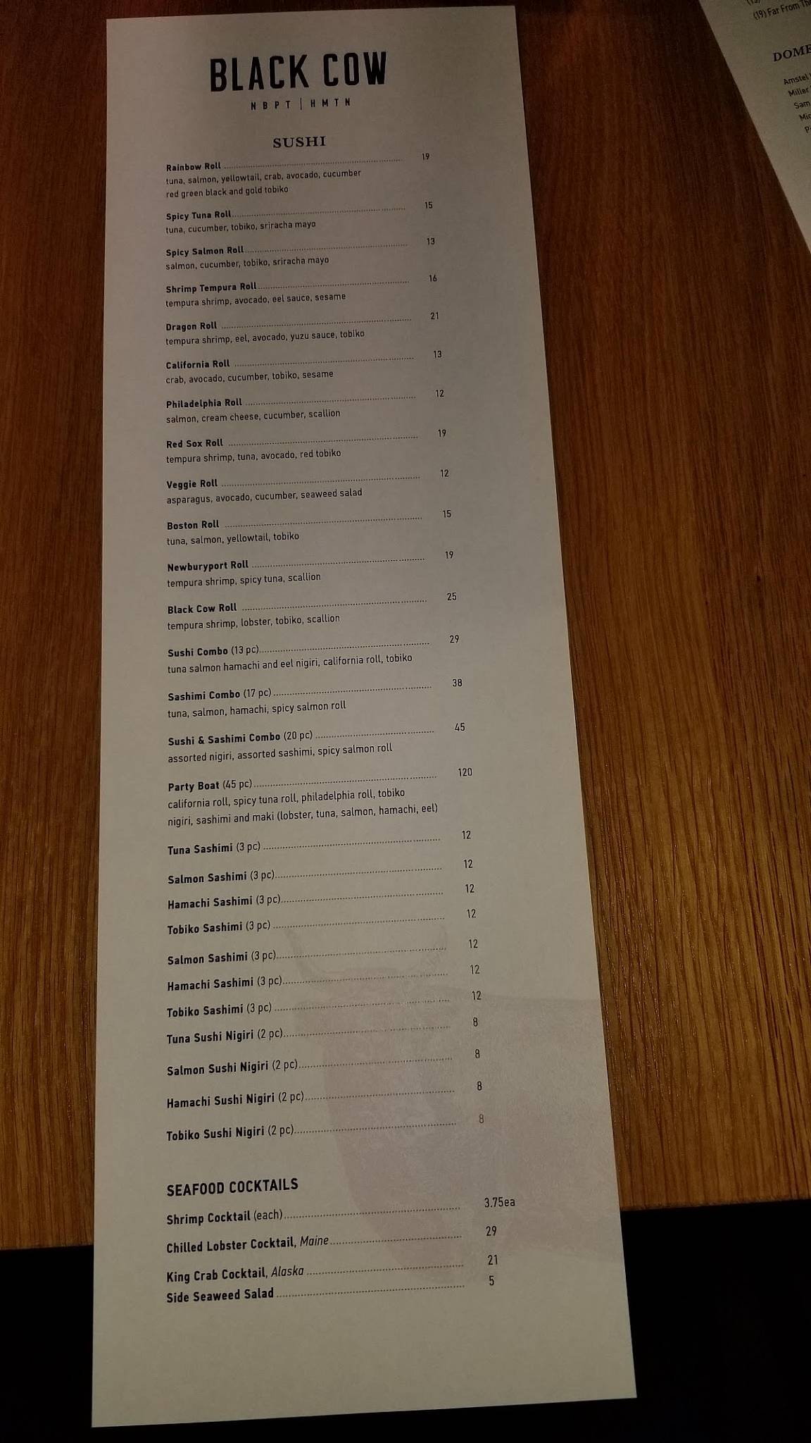 Menu at Black Cow restaurant, Newburyport