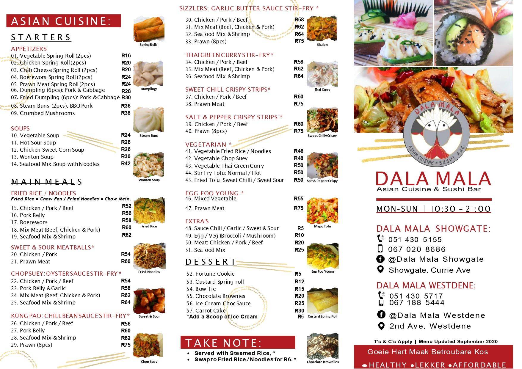 Menu at Dala Mala Asian Cuisine & Sushi Bar, Bloemfontein, Shop 9