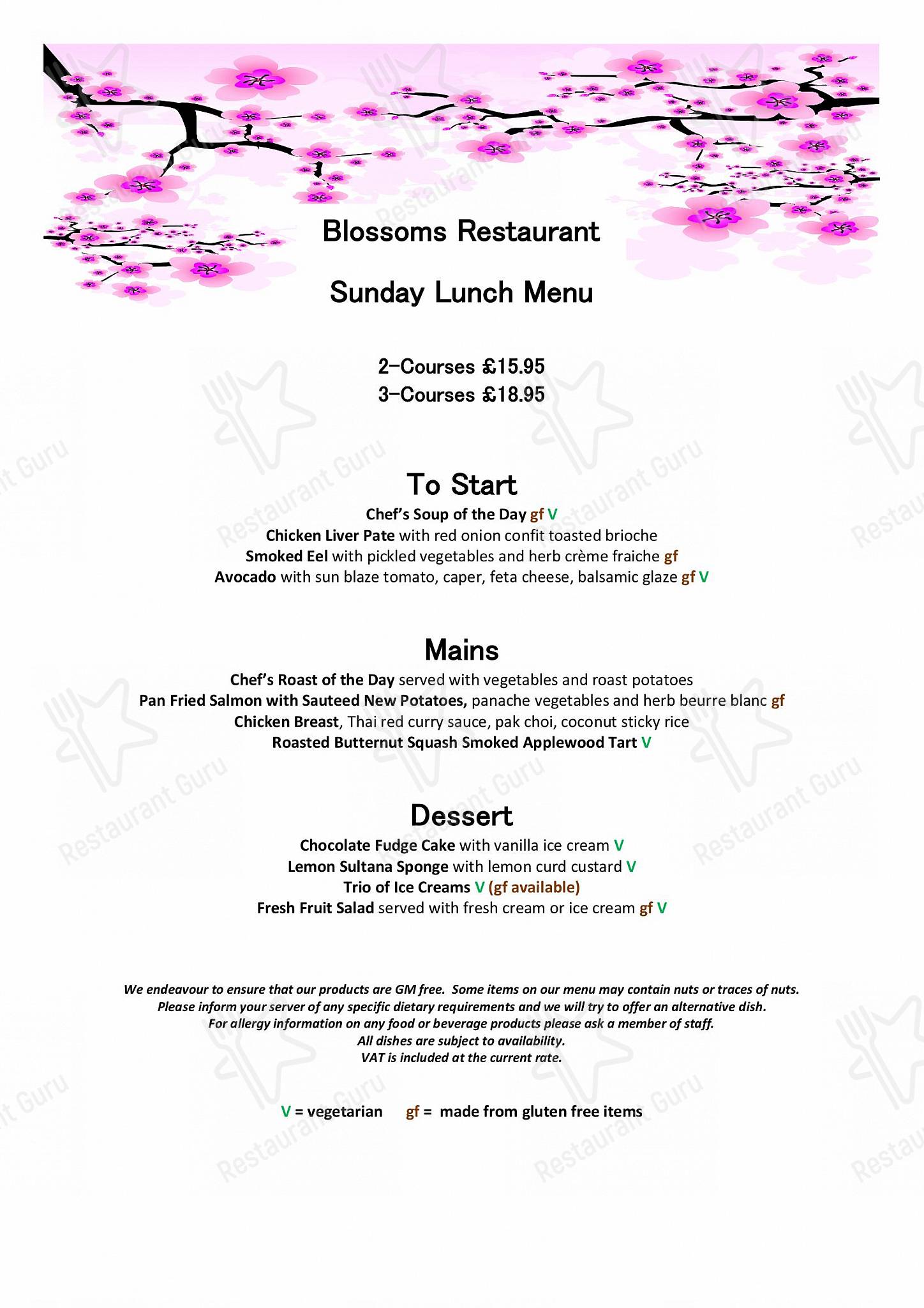 Menu at Blossoms Restaurant, Nottingham