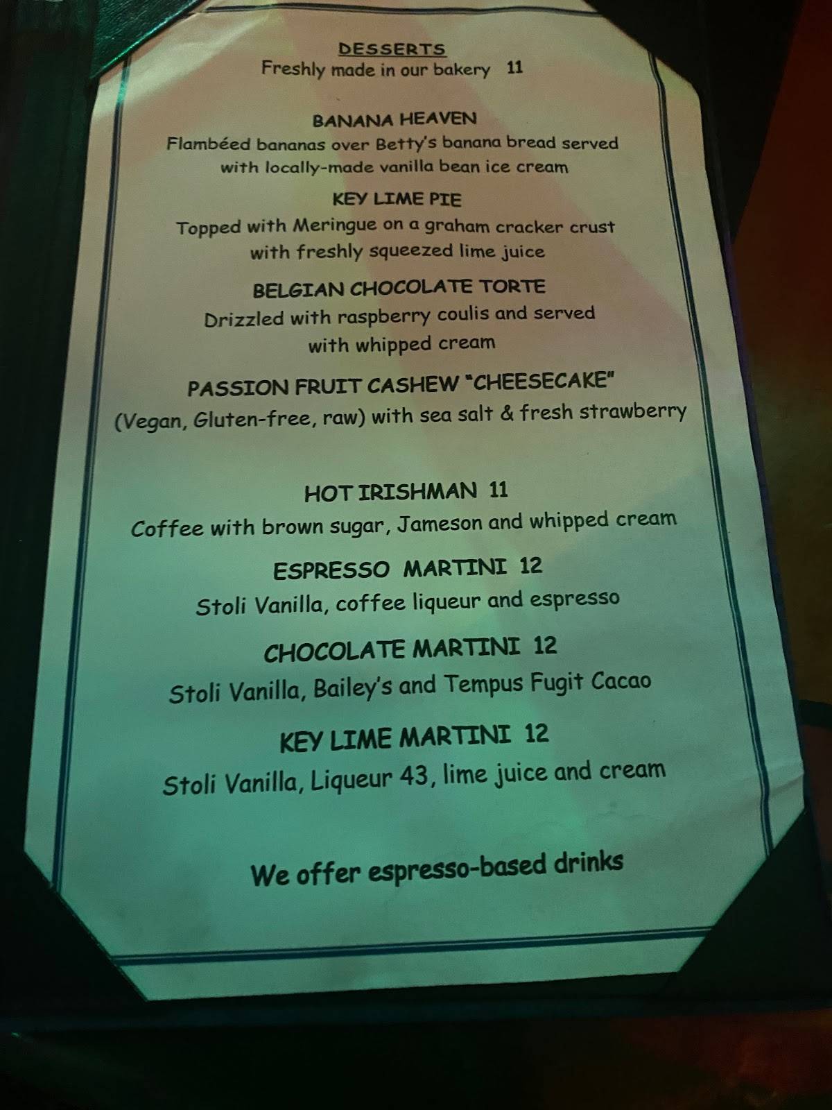 Menu at Blue Heaven restaurant, Key West