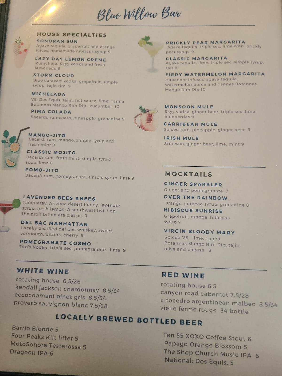 Menu at Blue Willow Restaurant & Gift Shop, Tucson, N Campbell Ave