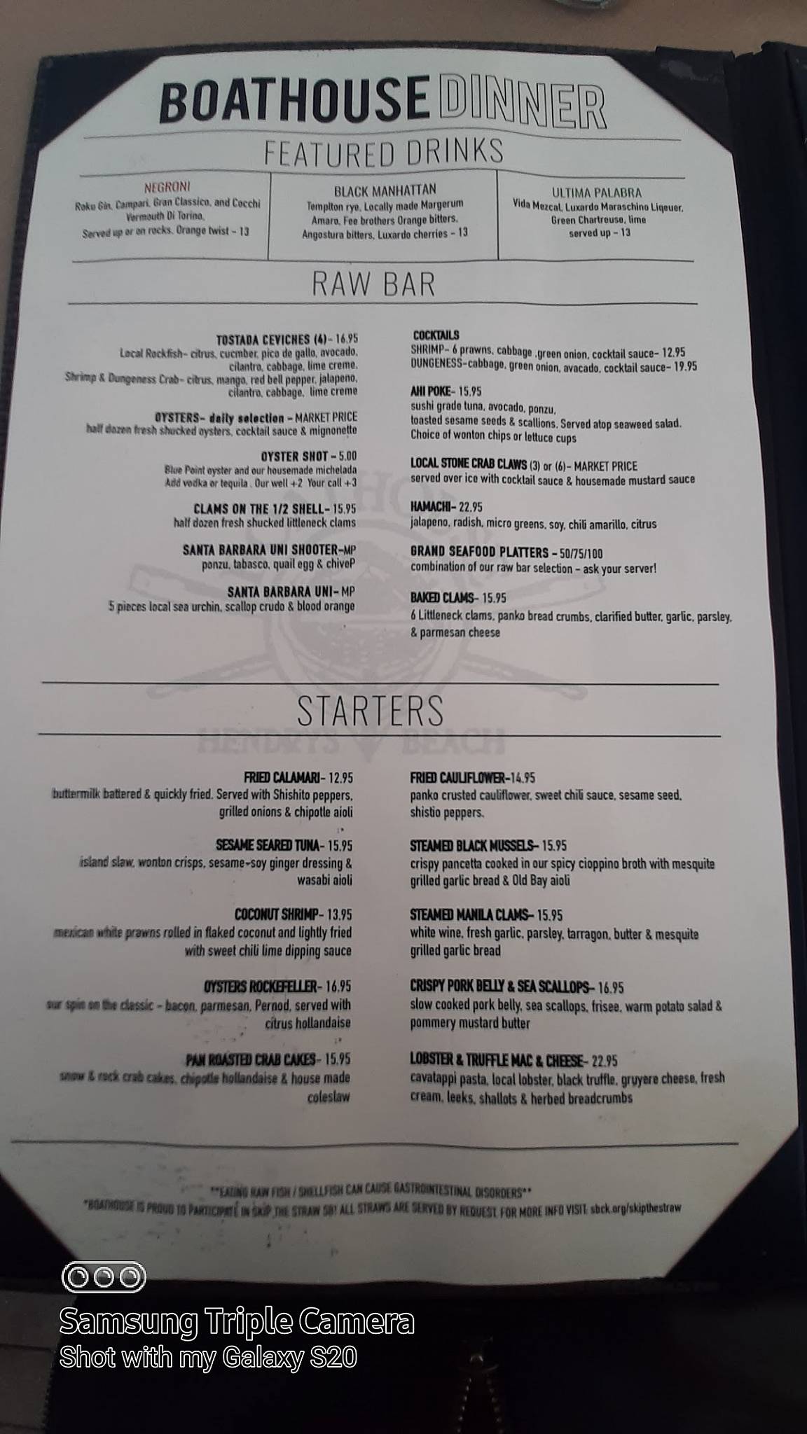 Menu at Boathouse at Hendry's Beach restaurant, Santa Barbara