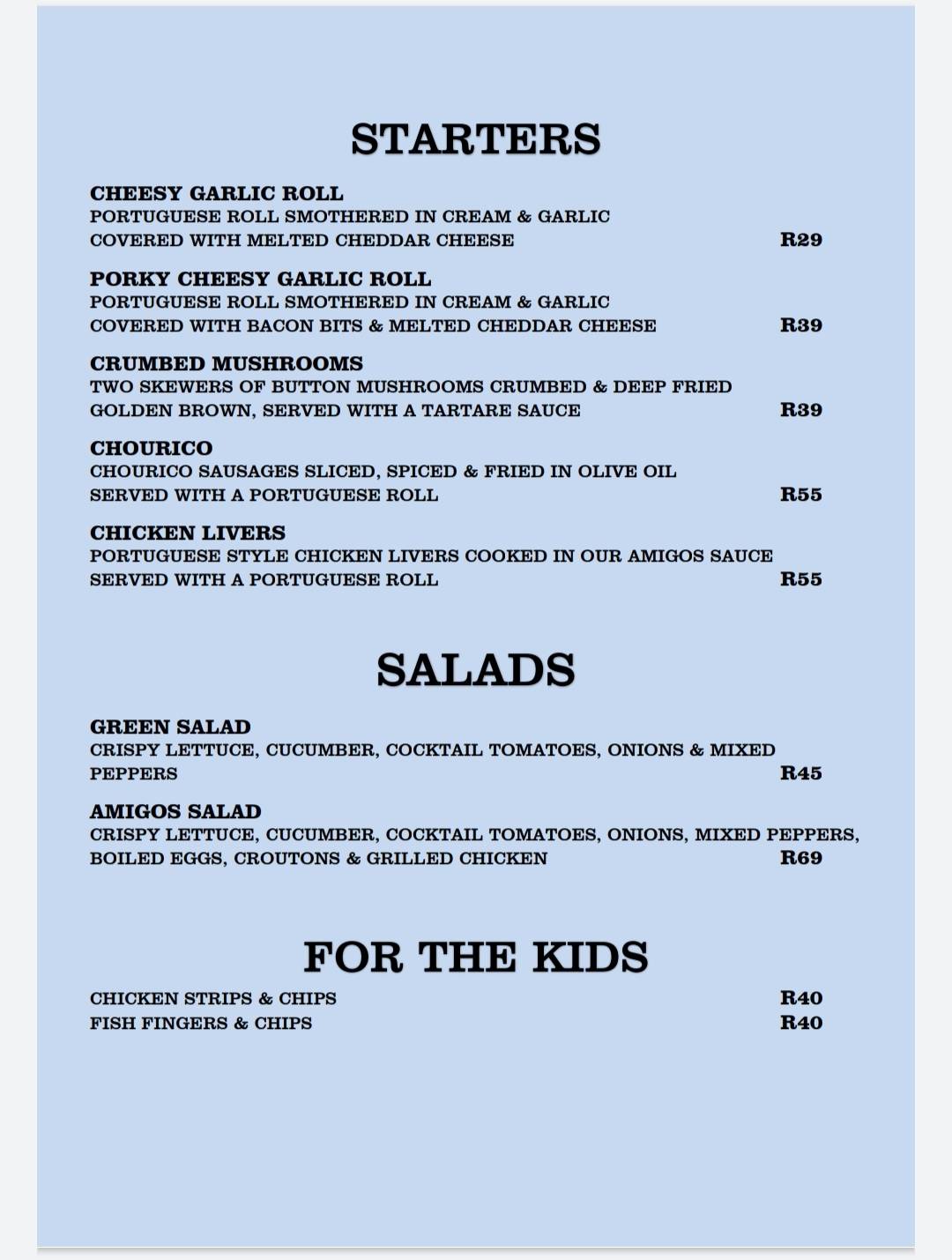 Menu at Amigos restaurant, Boksburg, Elizabeth Rd