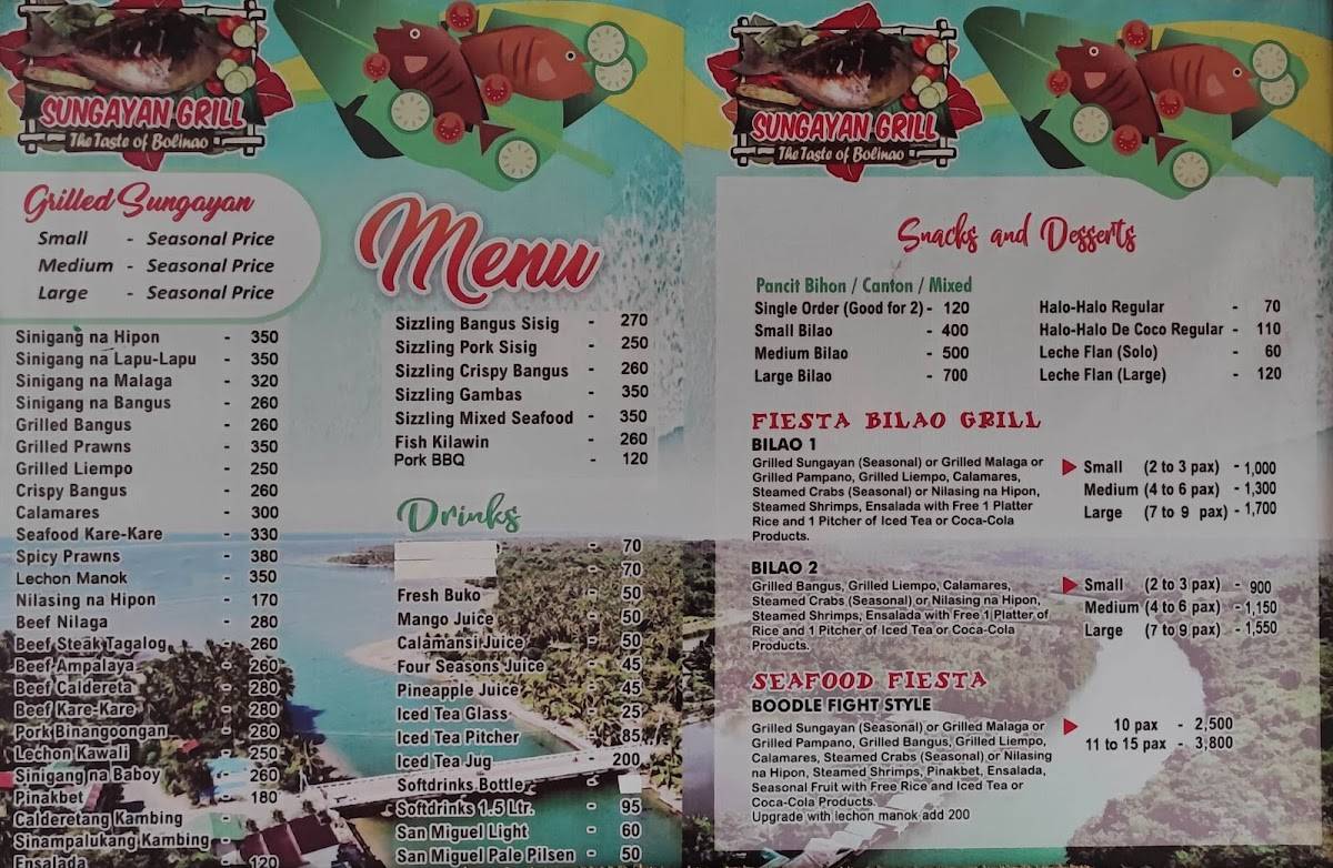 Menu at Sungayan Grill restaurant, Bolinao, 9V34+Q2W