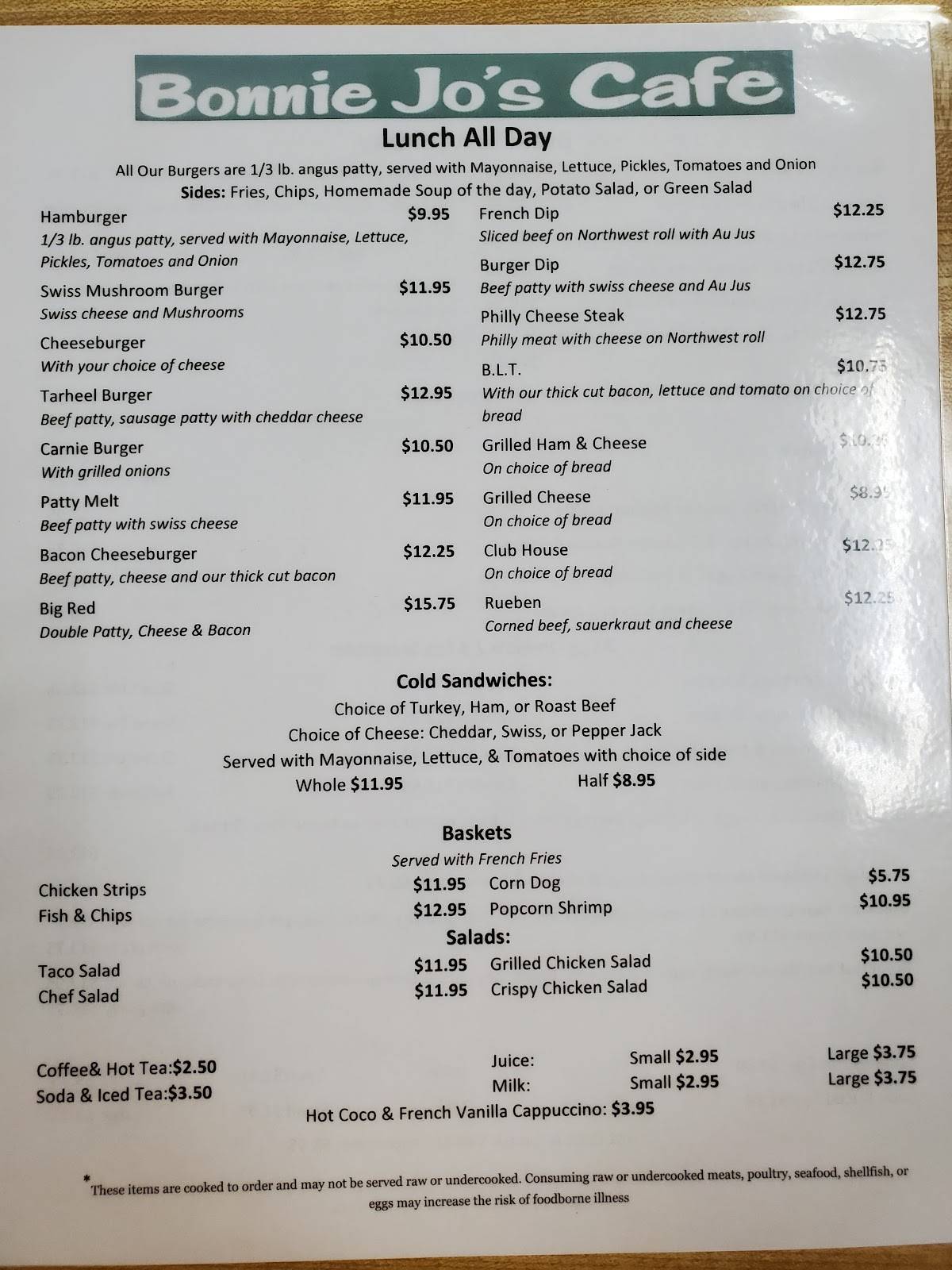 Menu at Bonnie Jo's cafe, Sedro-Woolley