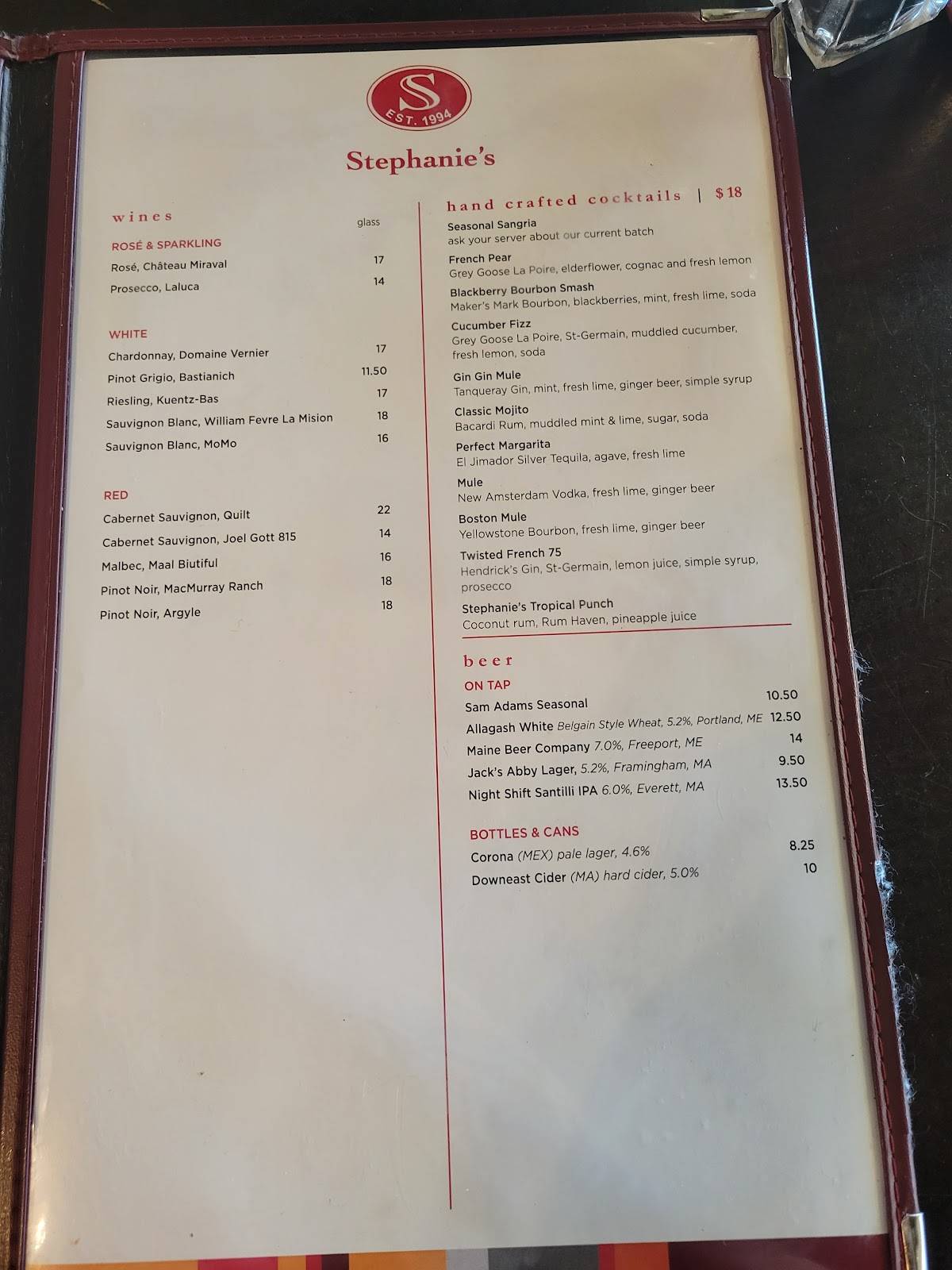 Menu at Stephanie's pub & bar, Boston, Logan Airport Terminal B