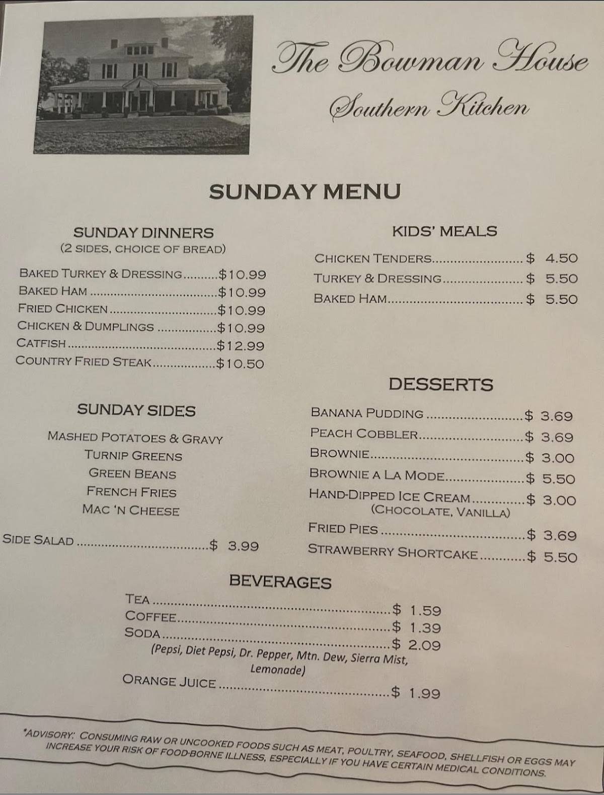 Menu at The Bowman House southern kitchen restaurant, Bowman
